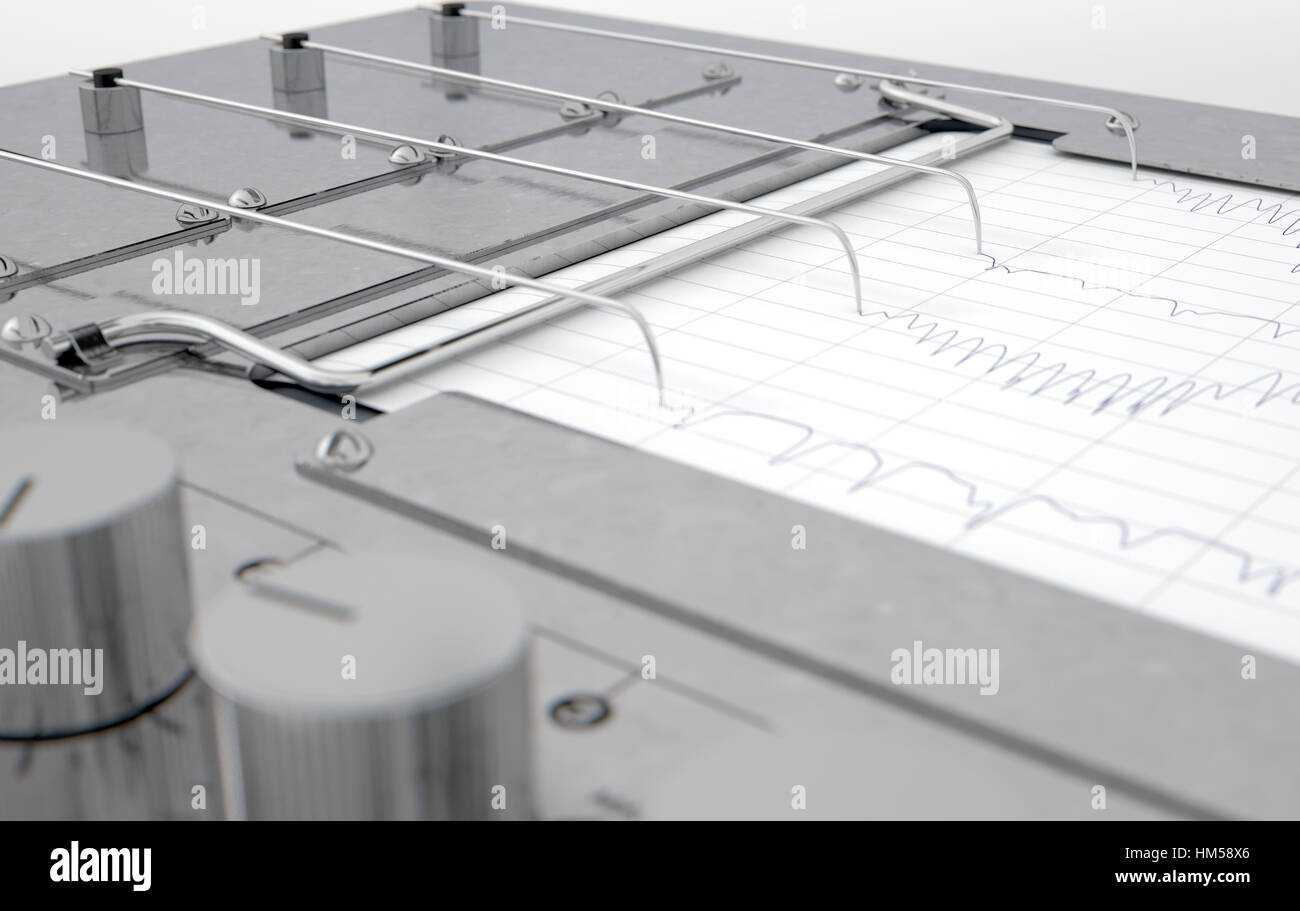 A 3D render of a polygraph lie detector machine drawing red lines on ...