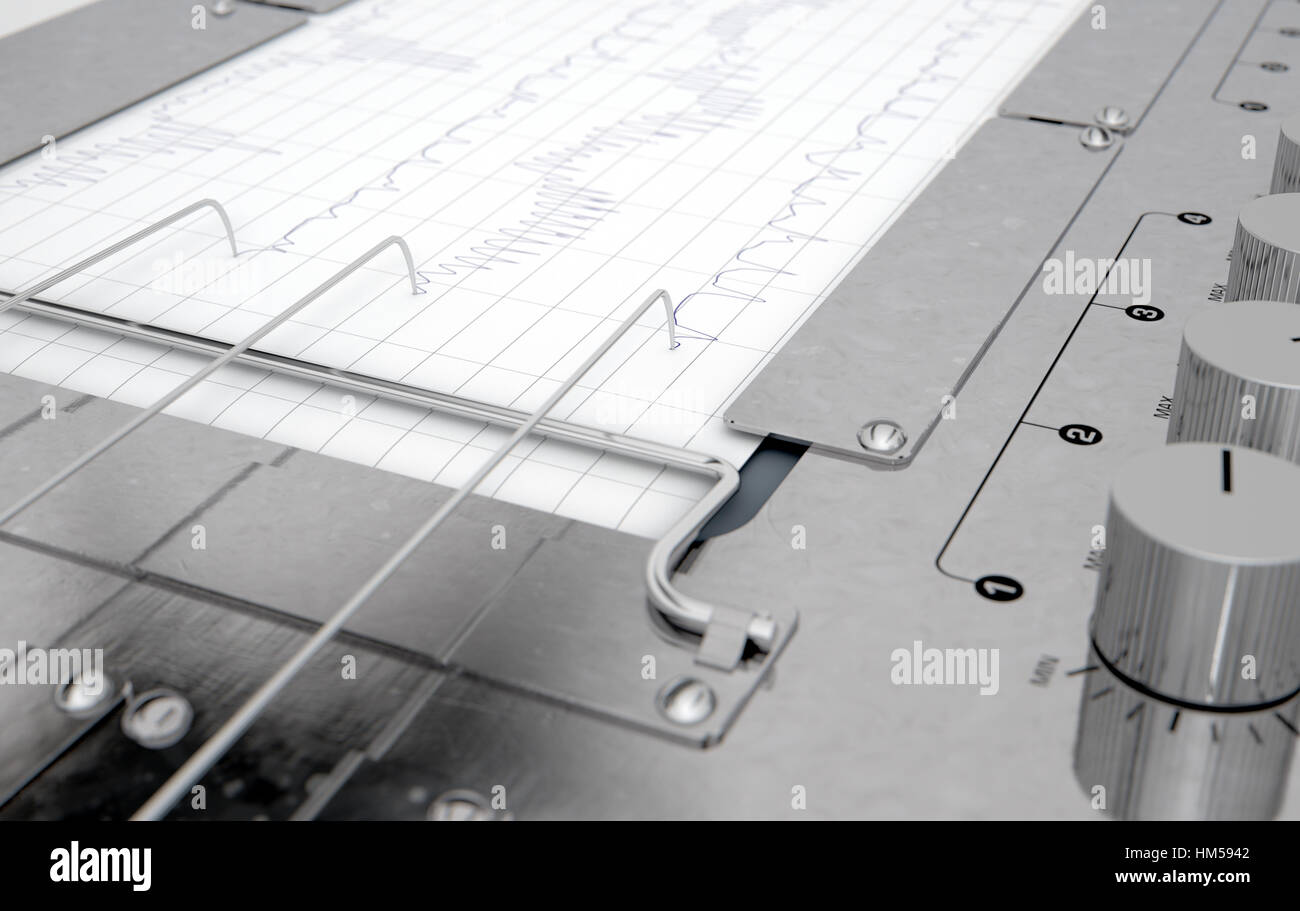 A 3D render of a polygraph lie detector machine drawing red lines on ...
