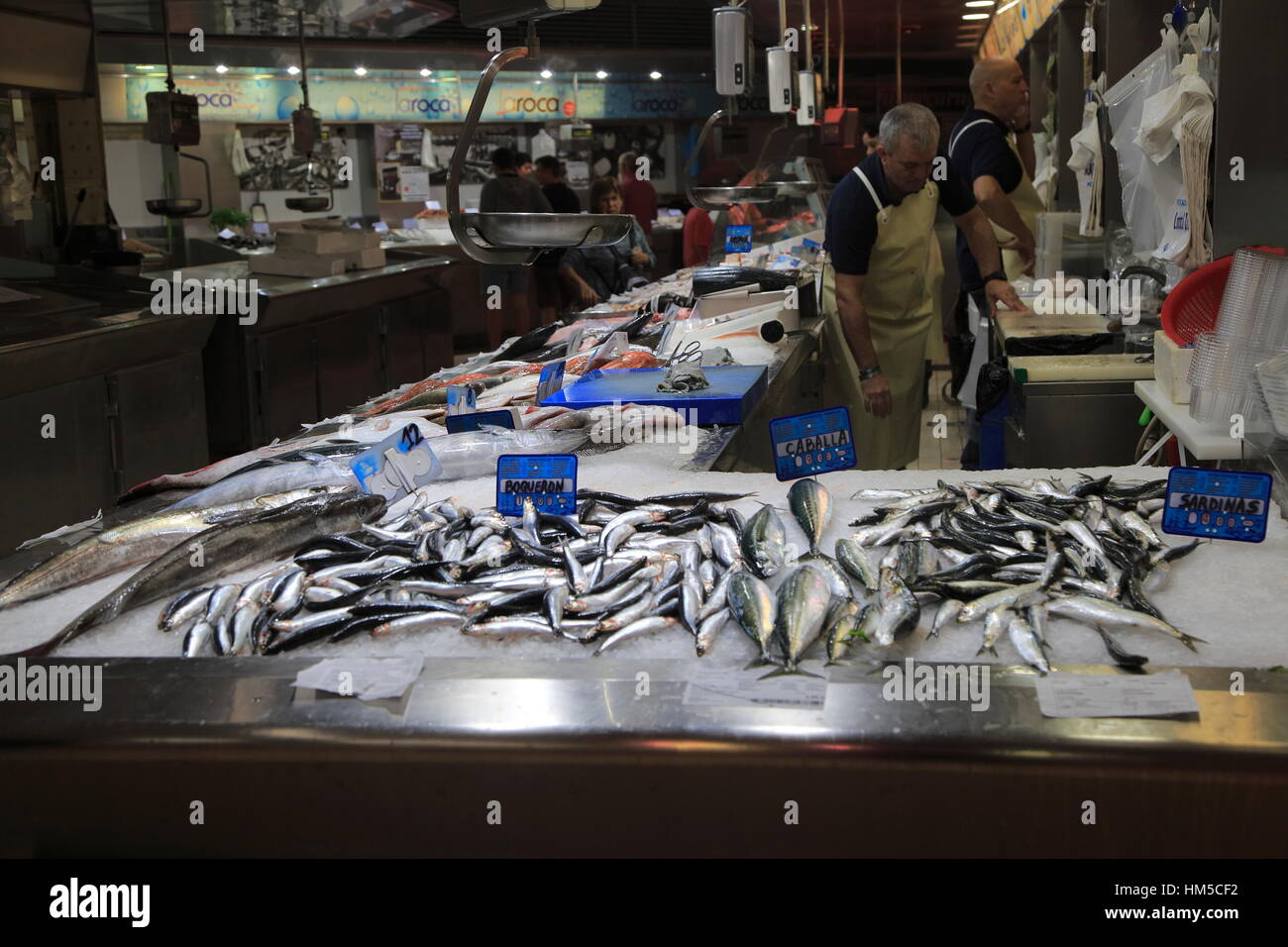 Food stalls selling fish inside central market building, city of ...