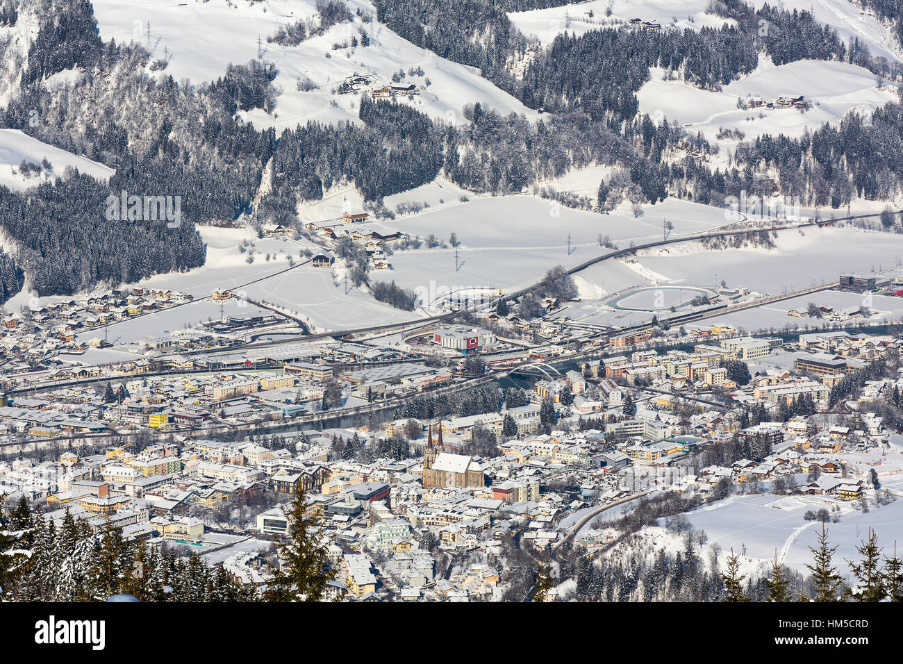 View onto St. Johann im Pongau with Salzach river in winter, Salzburg ...