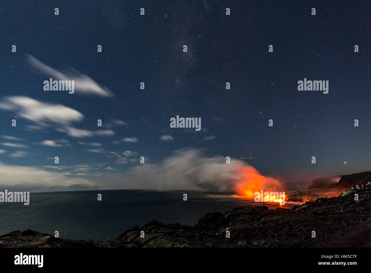 Lava entering ocean, night, Milky Way above, Kalapana, Hawai'i ...