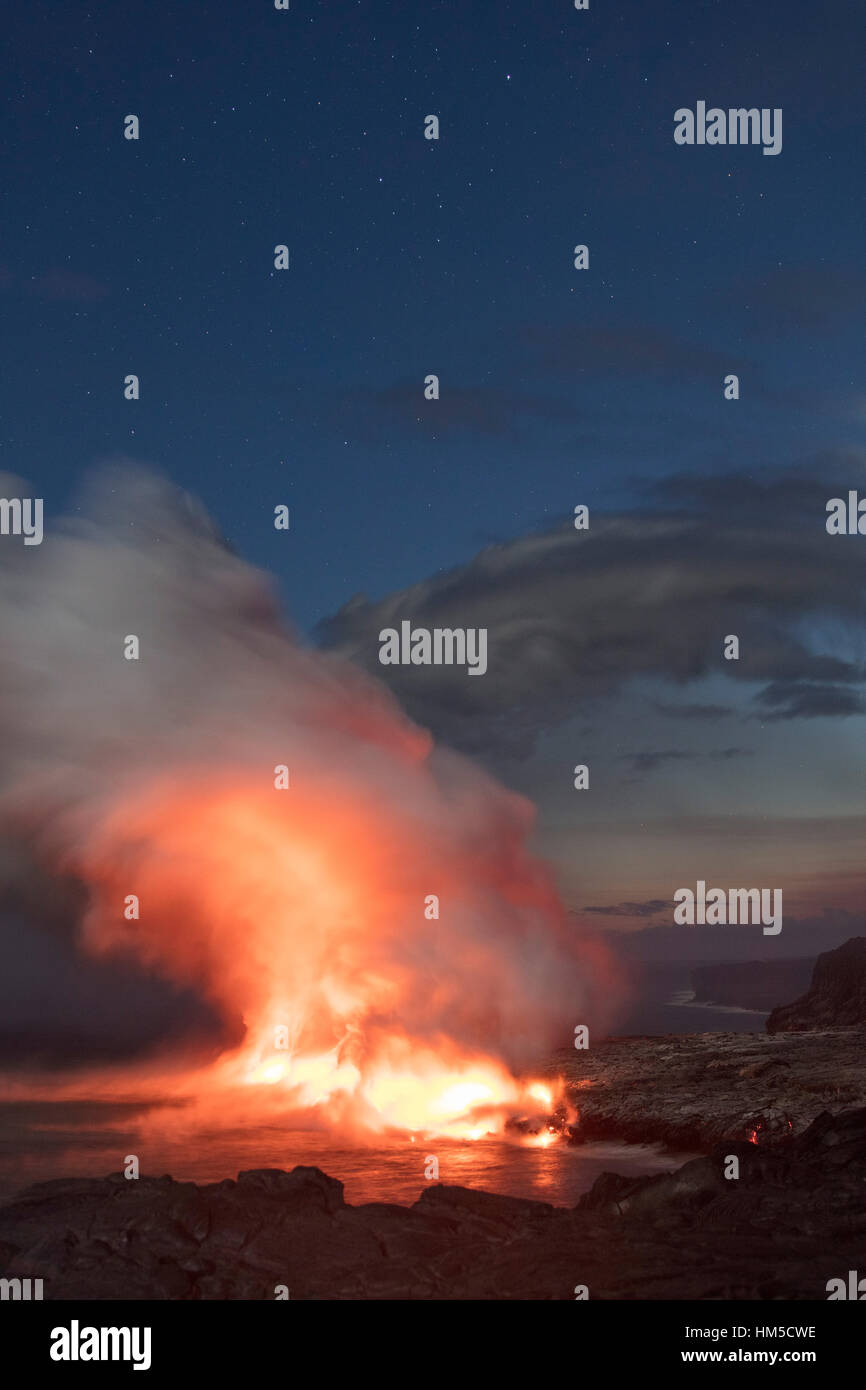Lava entering ocean, night, Milky Way above, Kalapana, Hawai'i ...