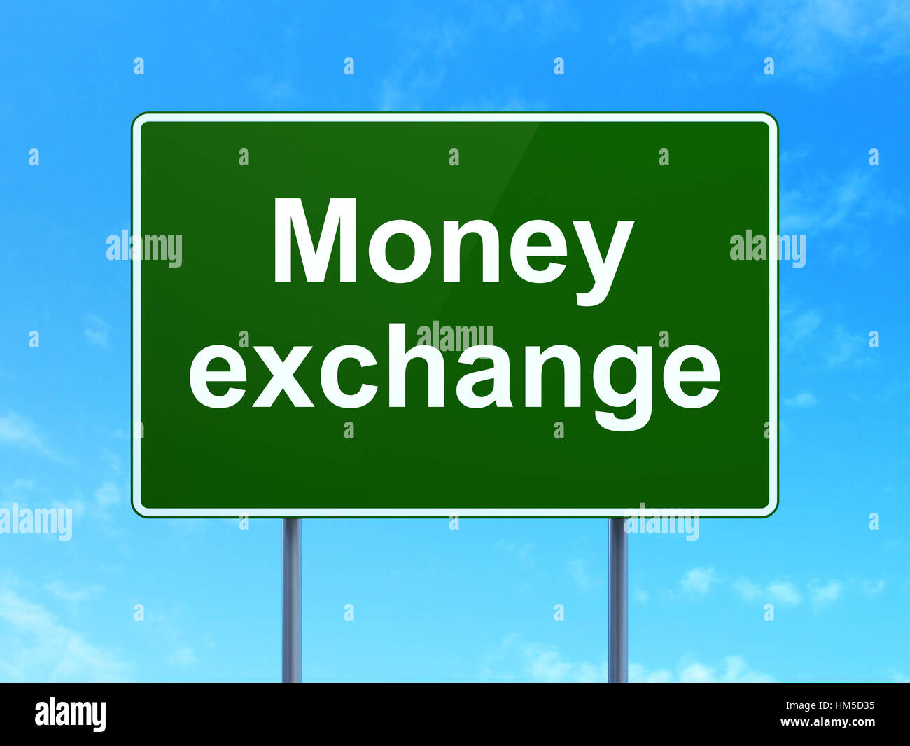 Currency concept: Money Exchange on green road highway sign, clear blue ...