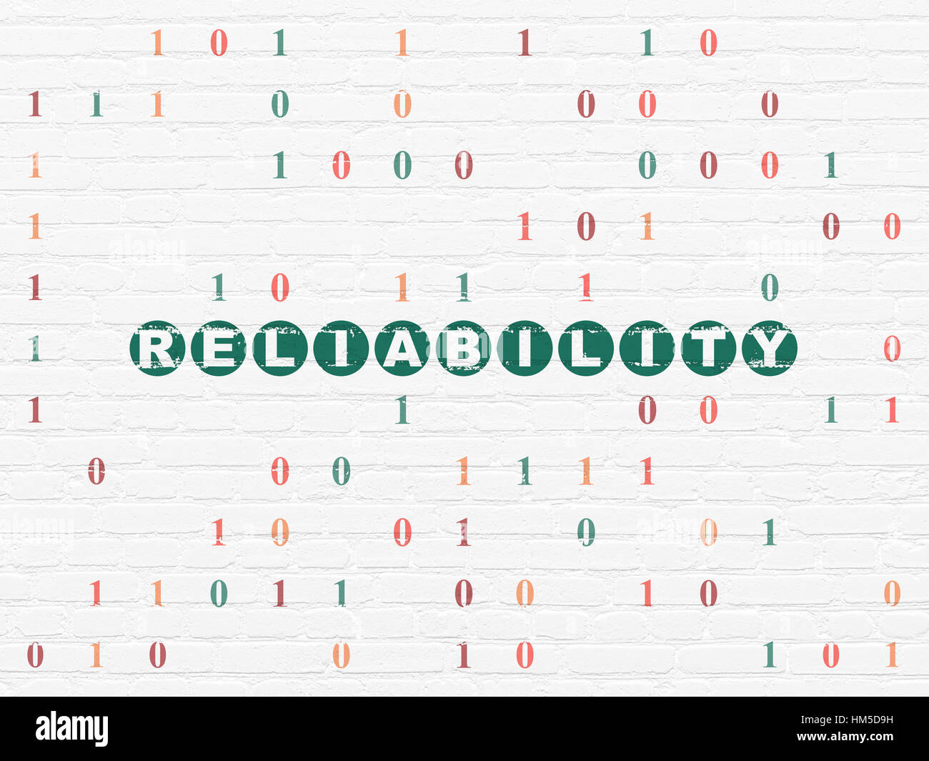 Finance concept: Painted green text Reliability on White Brick wall background with Binary Code ...