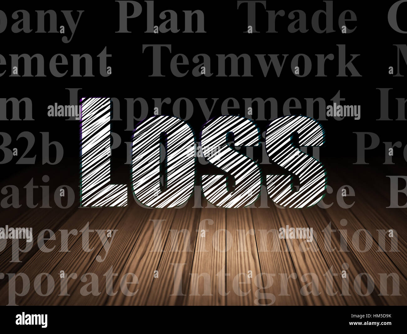 Business concept: Glowing text Loss in grunge dark room with Wooden ...