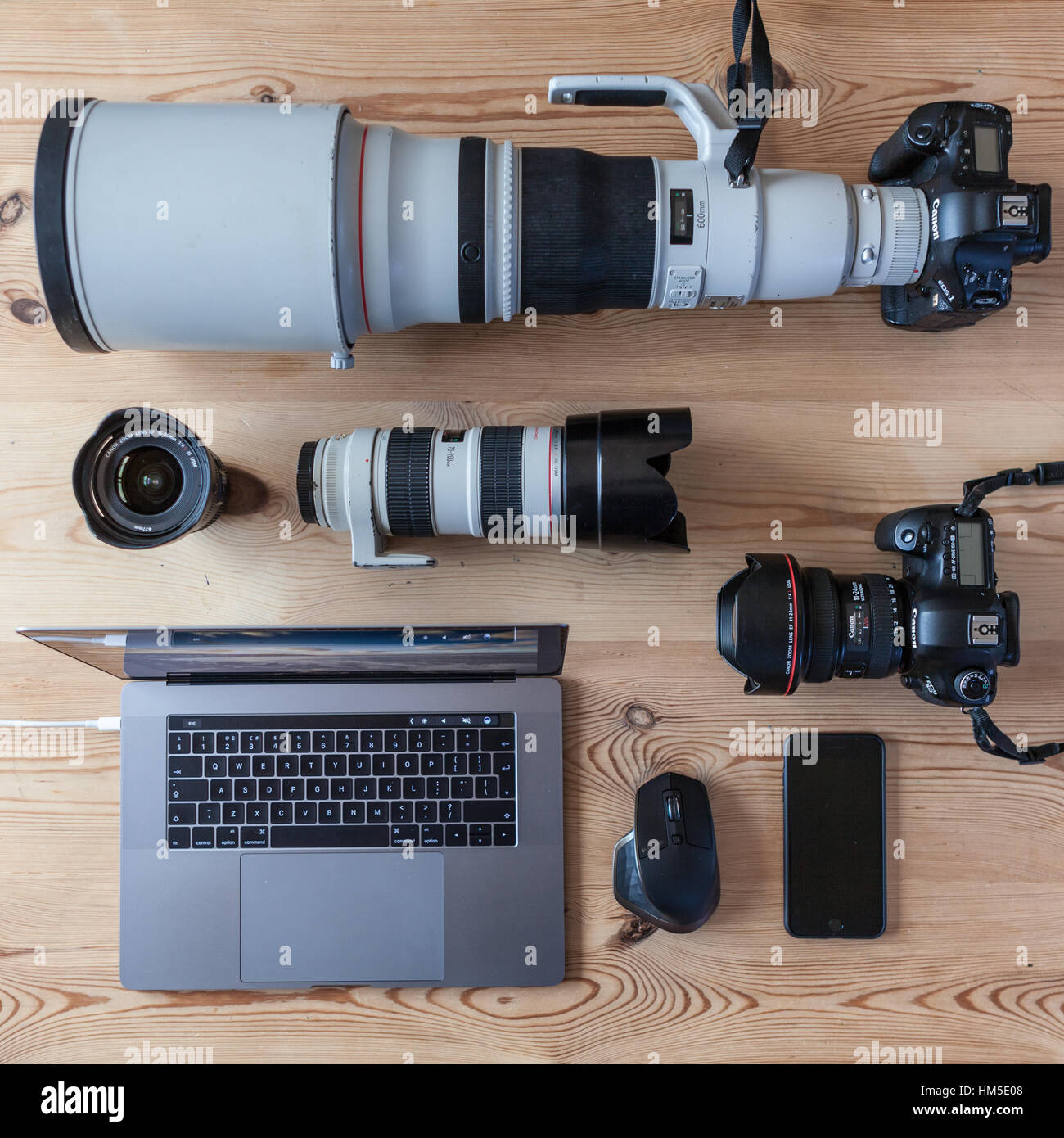 A selection of modern technology, camera equipment, computer equipment ...