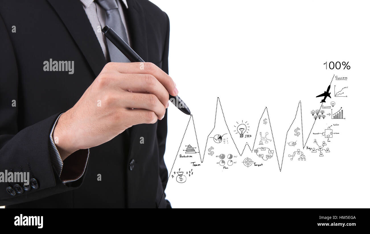 Business man hand drawing success graph over white background Stock ...