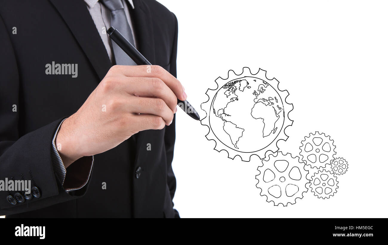 Businessman hand drawing gear to success concept Stock Photo - Alamy