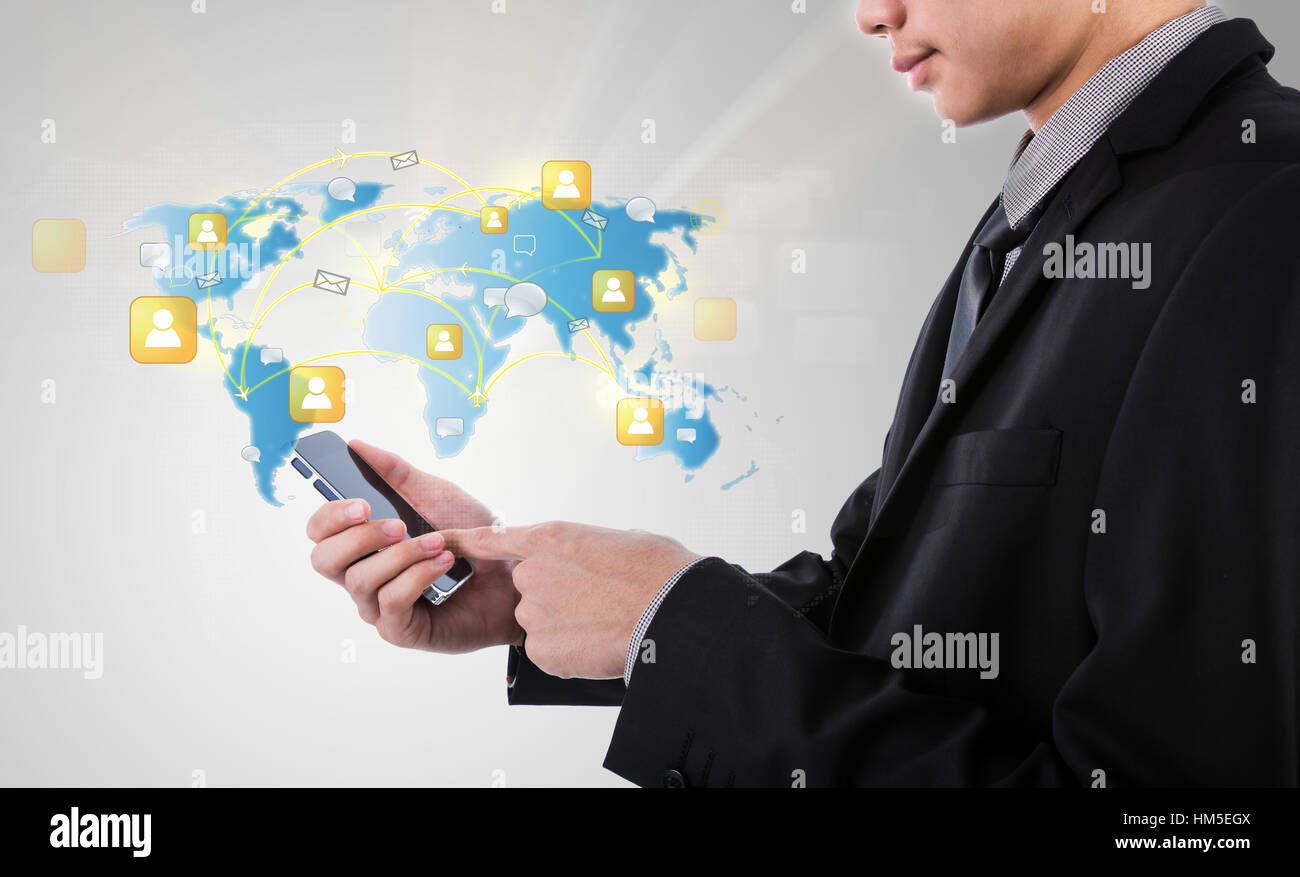 Business man holding Modern communication technology mobile phone show ...
