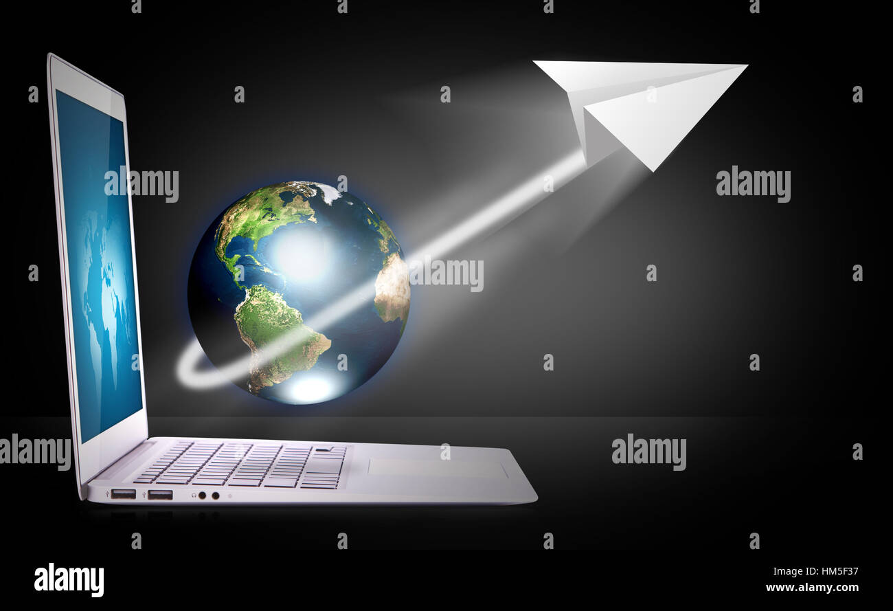 laptop with earth and paper plane Stock Photo - Alamy