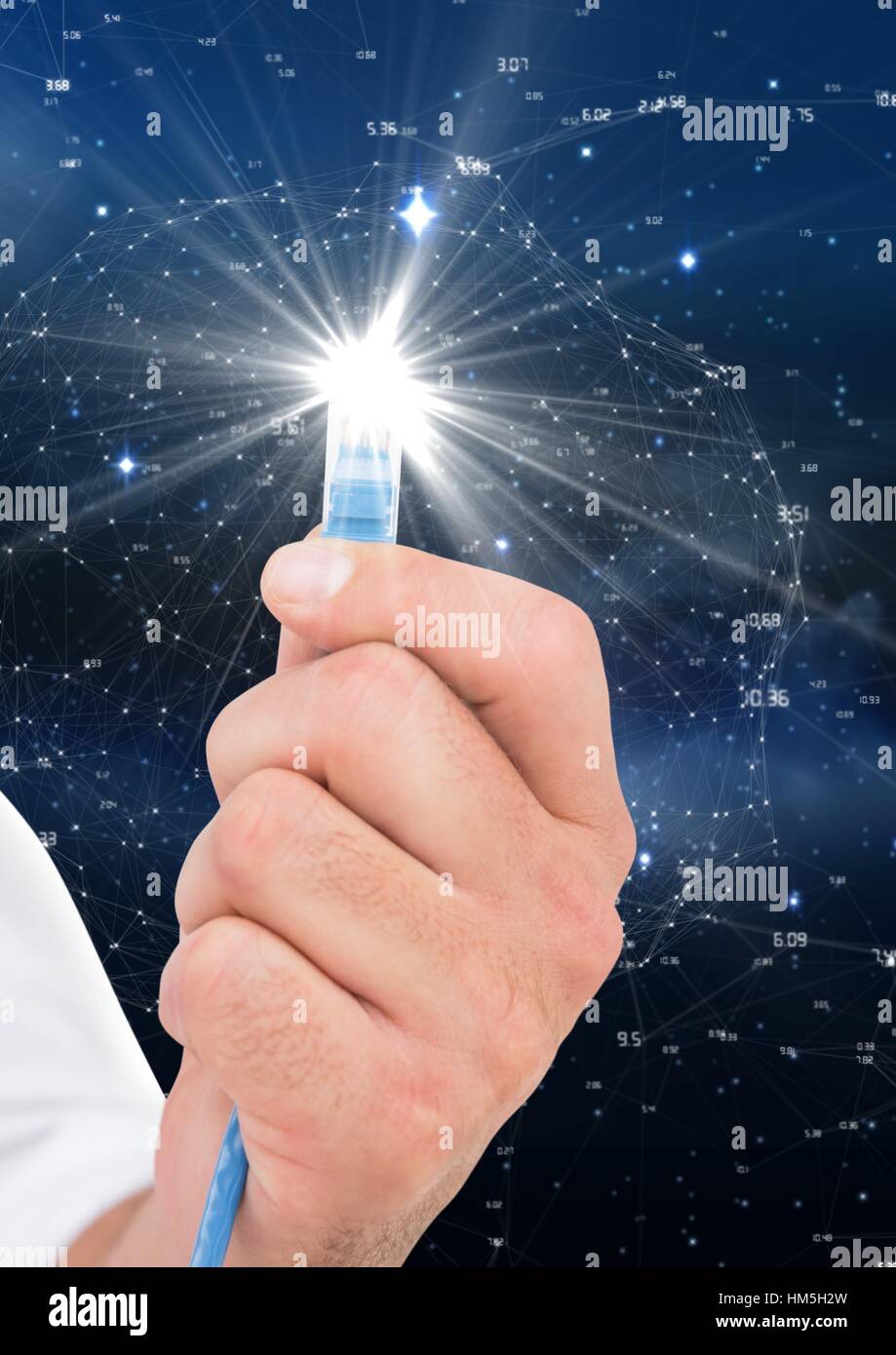 Hand of man holding cable with flare Stock Photo - Alamy