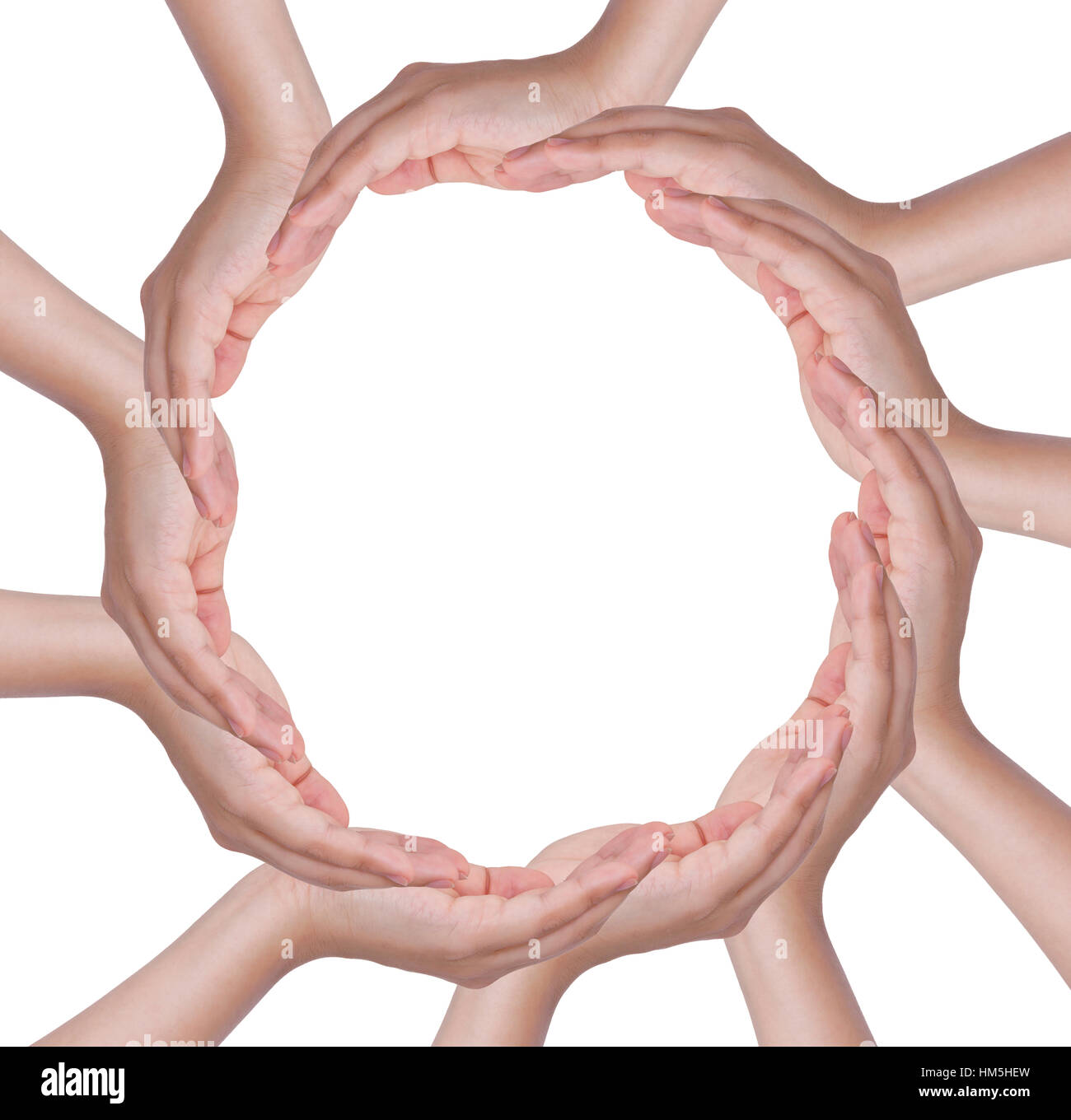 multiracial human hands making a circle on white background with a copy ...