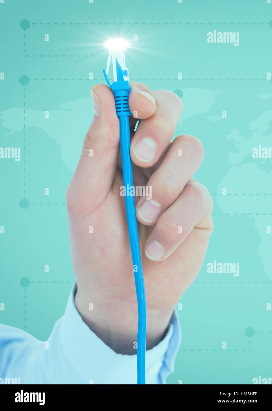 Hand holding computer cable against digital composite background Stock ...