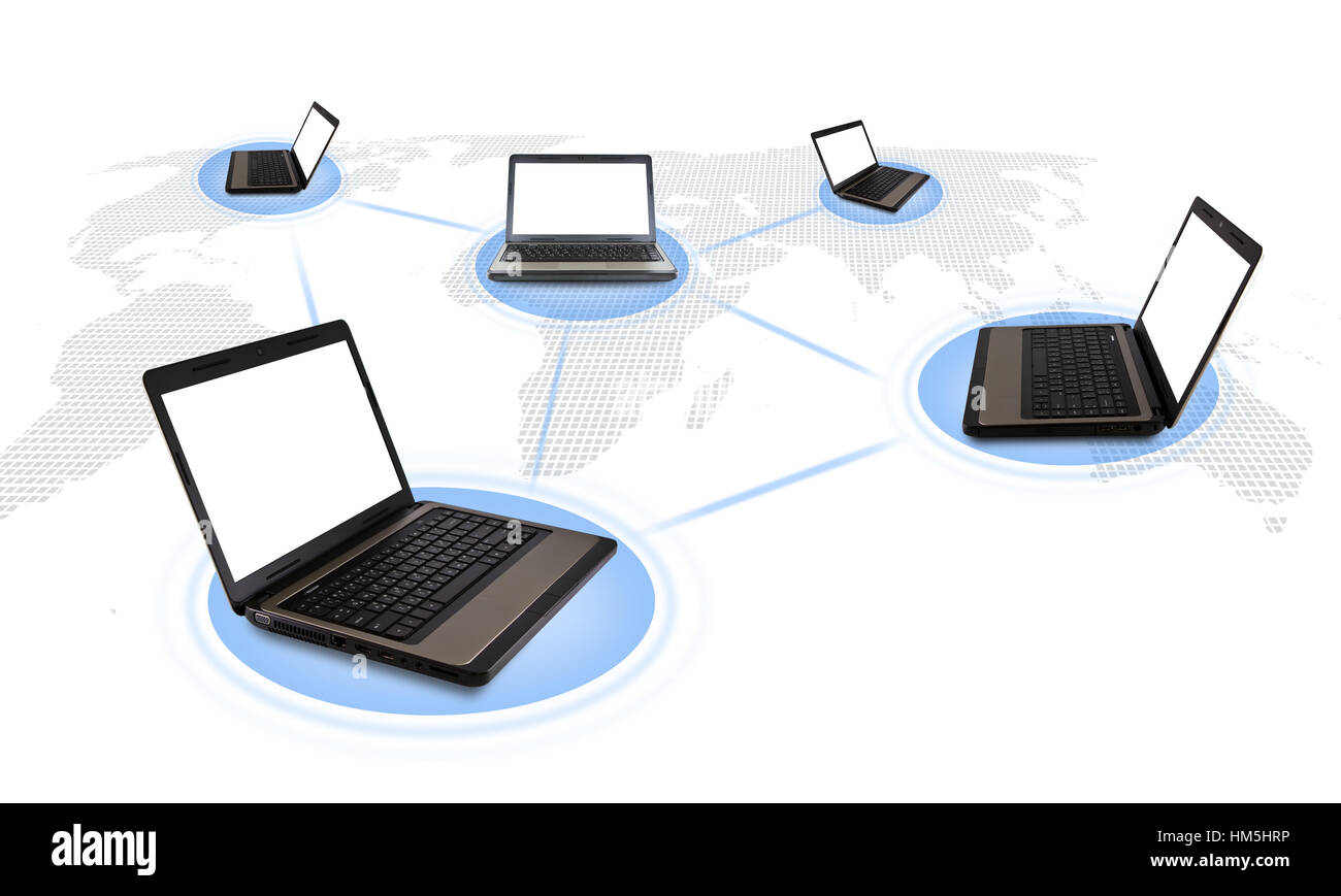 Several laptop computers connected in a social network Stock Photo - Alamy