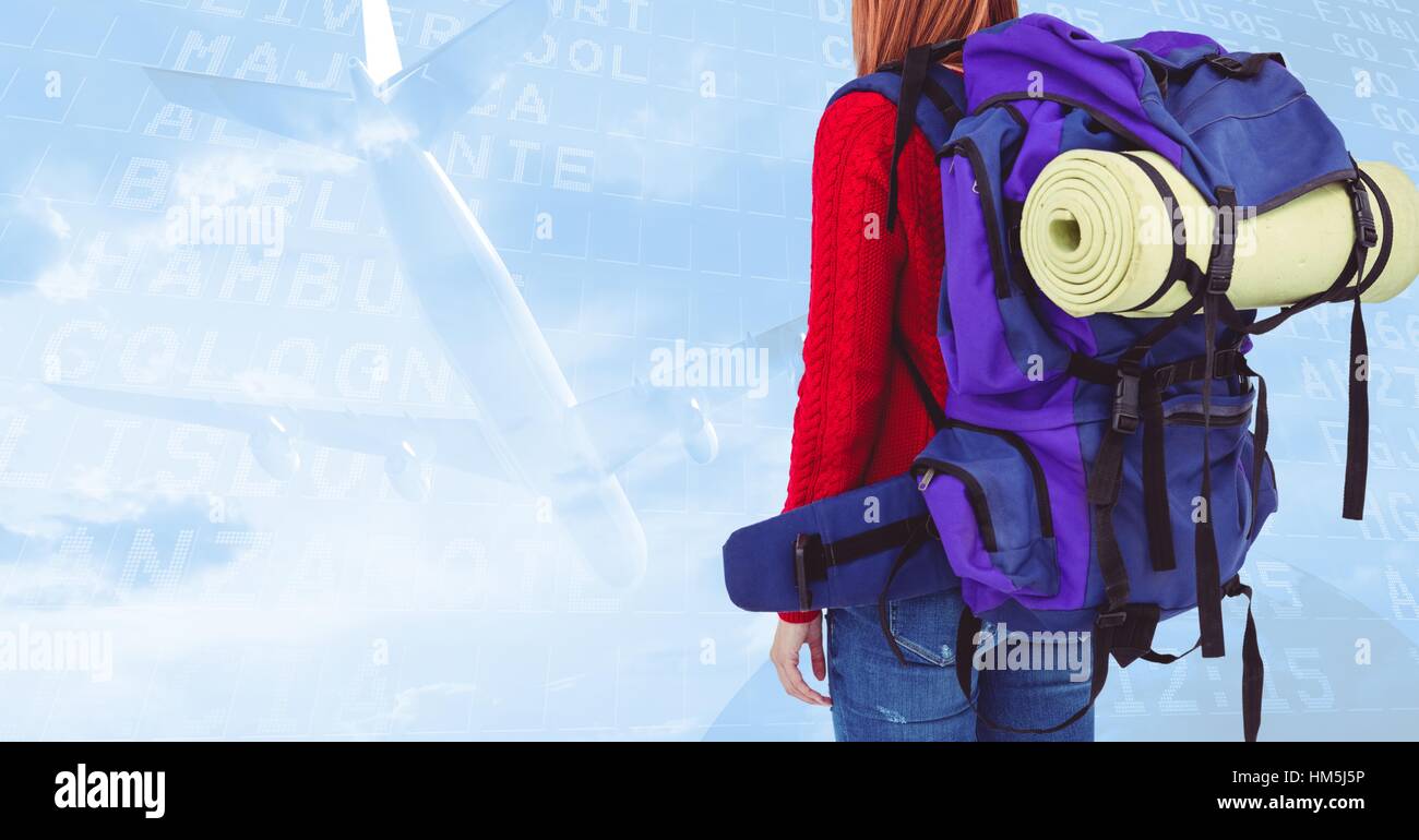 Woman with backpack against digitally generated background with plane ...