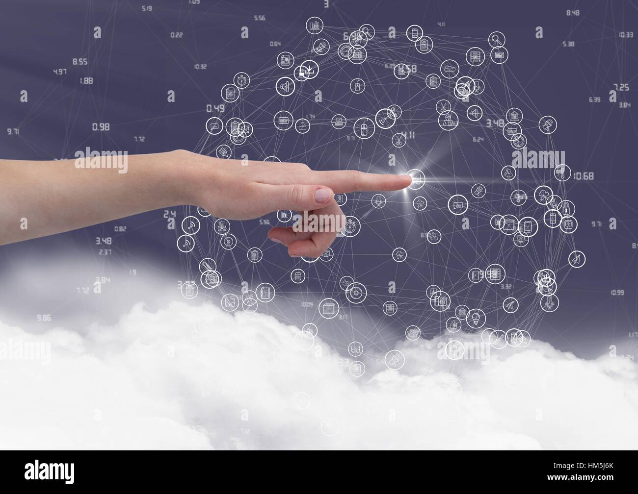 Hand touching digitally generated icon against sky background Stock ...