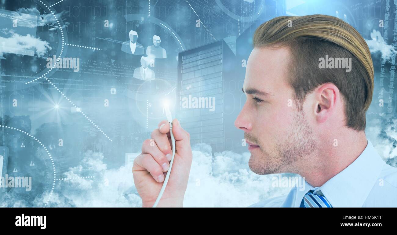 Man holding cable flare against digitally generated networking ...