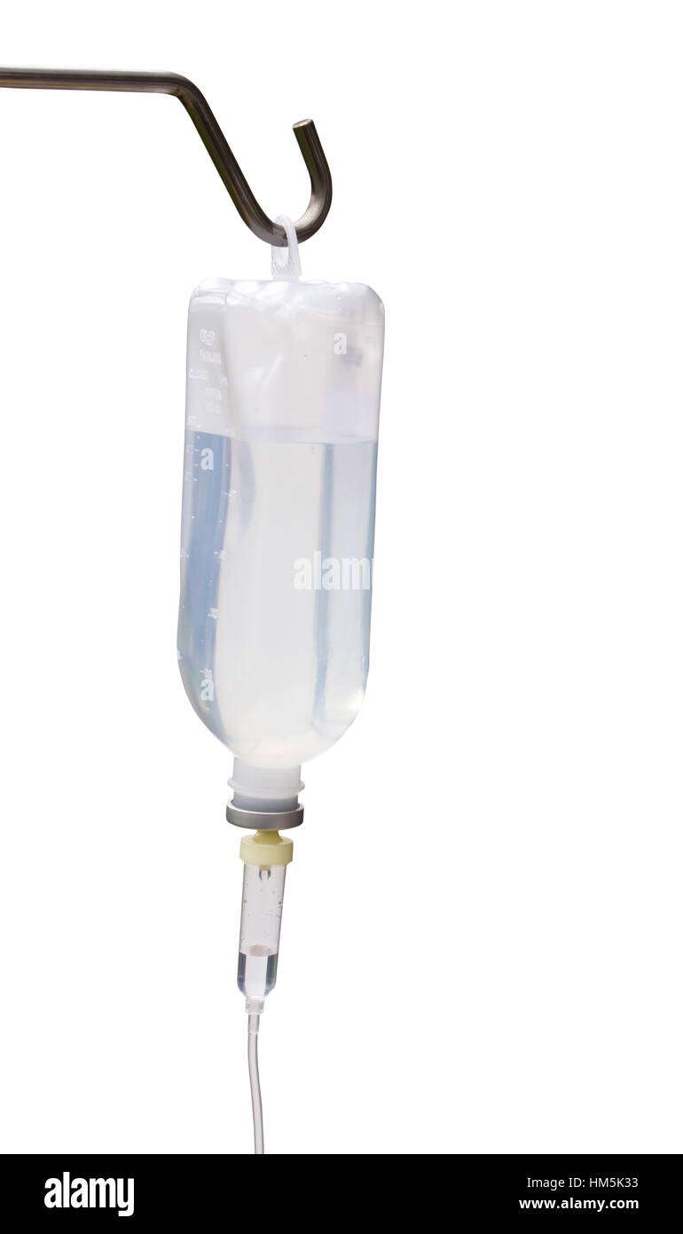 Infusion bottle with IV solution on white background with copy space ...