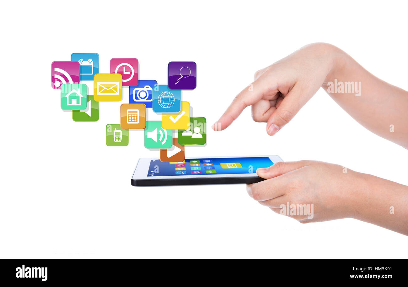 Hand using a touch screen device against white background Stock Photo ...