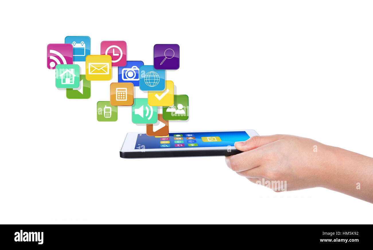 Hand using a touch screen device against white background Stock Photo ...