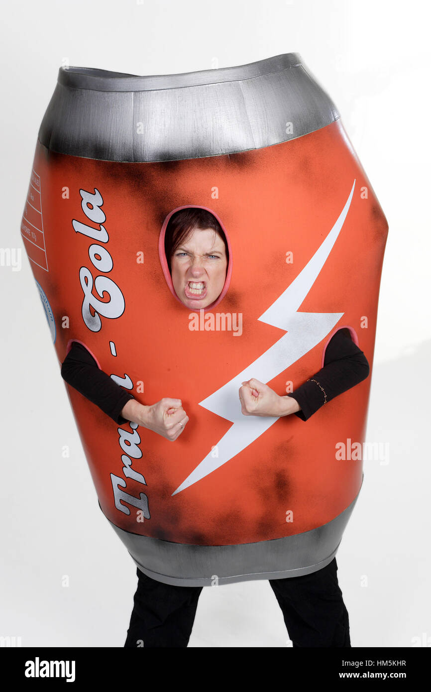 A woman dressed as an empty coke can rages about litter Stock Photo - Alamy