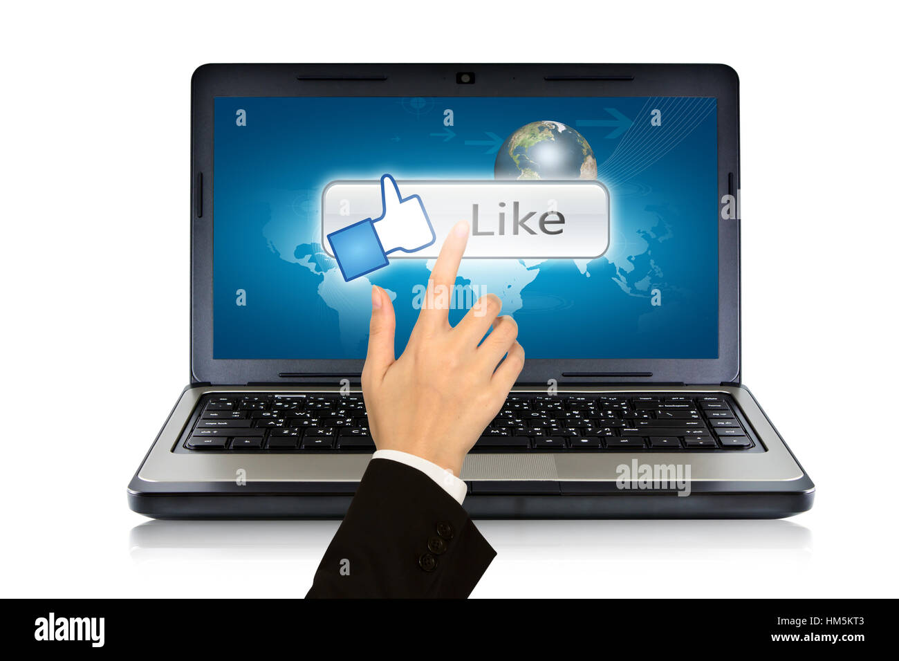 Business woman hand press finger on Like button on screen laptop Stock ...