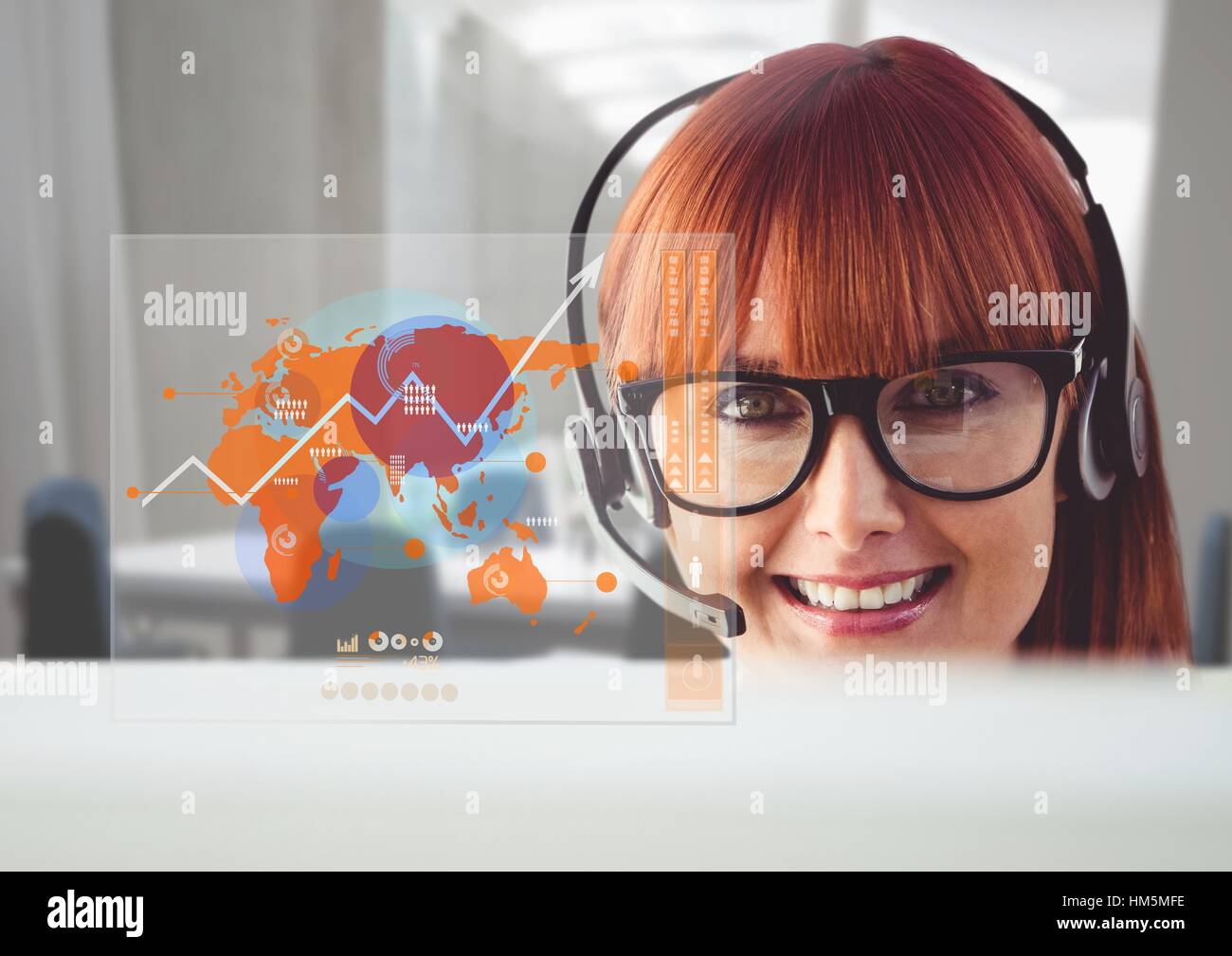 Customer service executive and digitally generated world map Stock ...