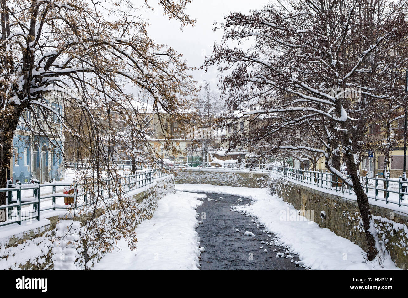 Picturesque winter scene by the river of Florina, a small town in ...