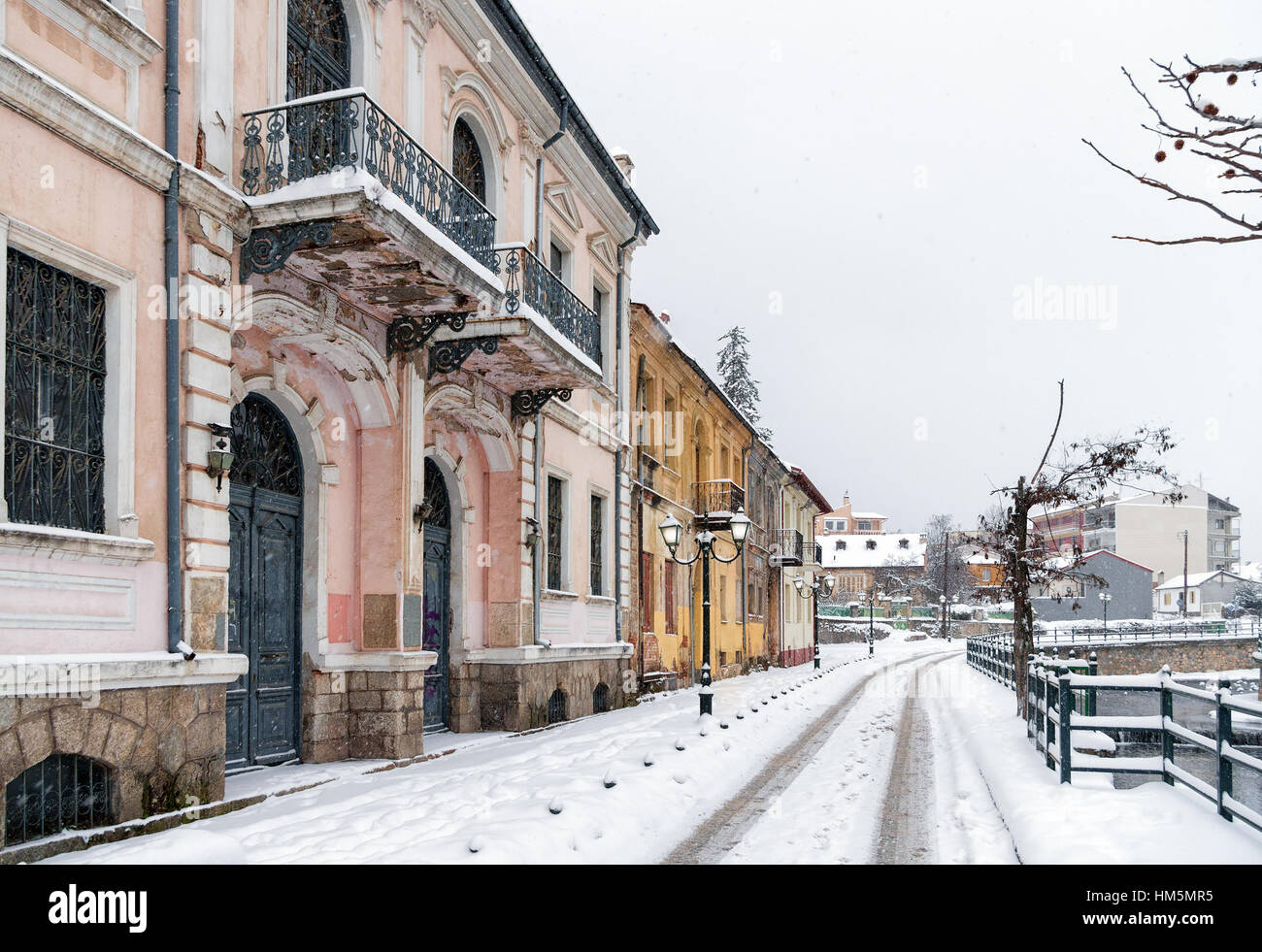 Picturesque winter scene by the river of Florina, a small town in ...