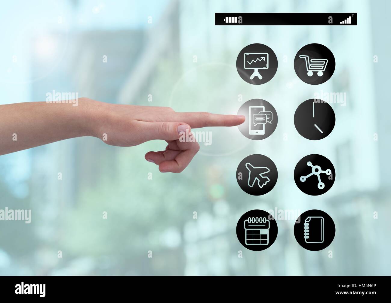 Hand touching digitally generated application icons interface Stock ...