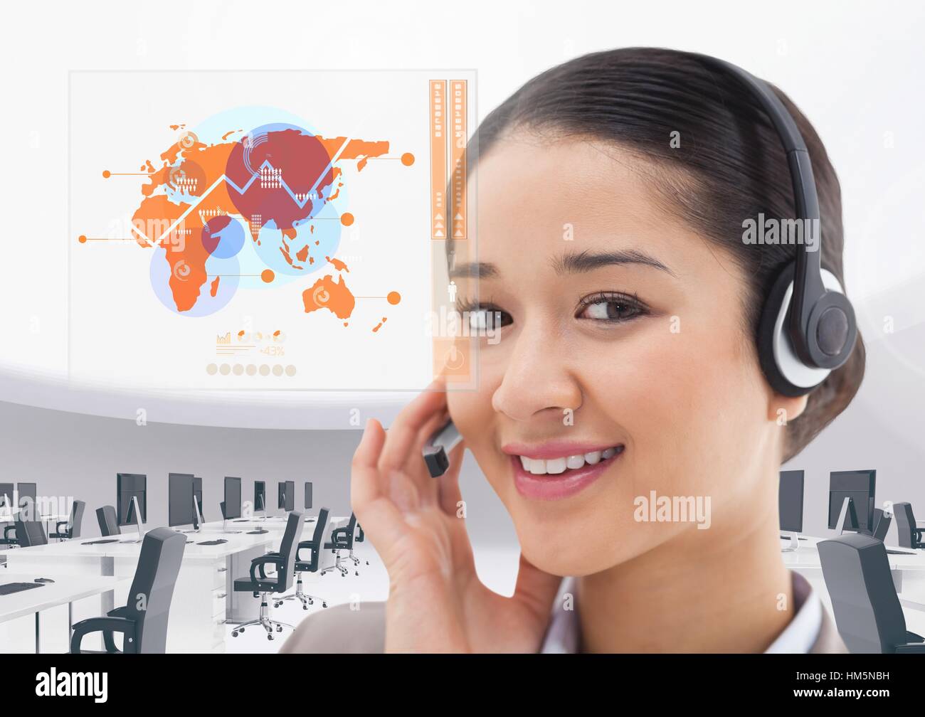 Composite image of customer service executive with world map interface ...