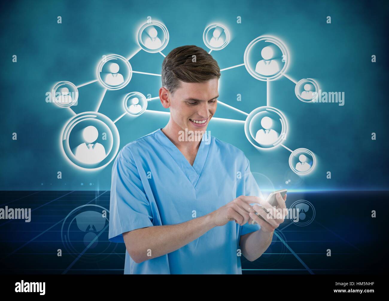 Doctor using mobile phone with digitally generated icon Stock Photo - Alamy