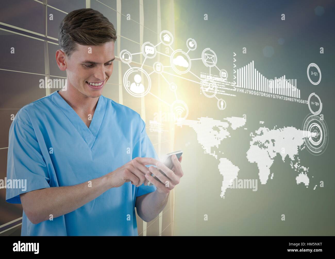 Doctor using mobile phone with digitally generated icons Stock Photo ...