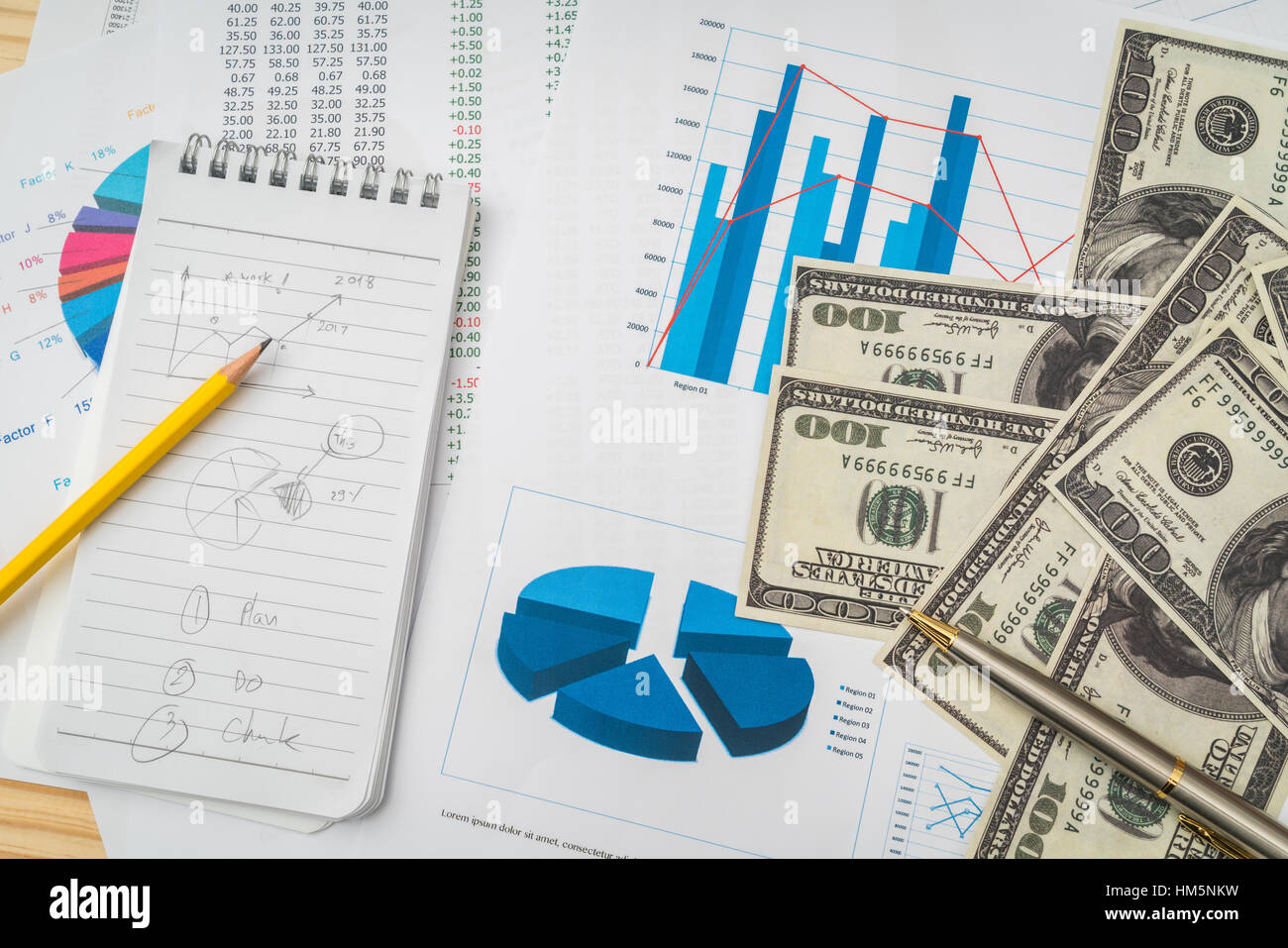 Financial charts on the table with dollars banknotes Stock Photo - Alamy