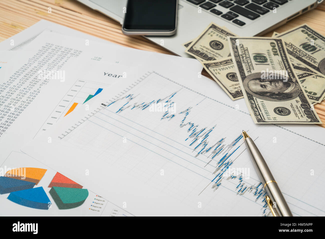 Financial charts on the table with laptop , phone ,dollars banknotes ...