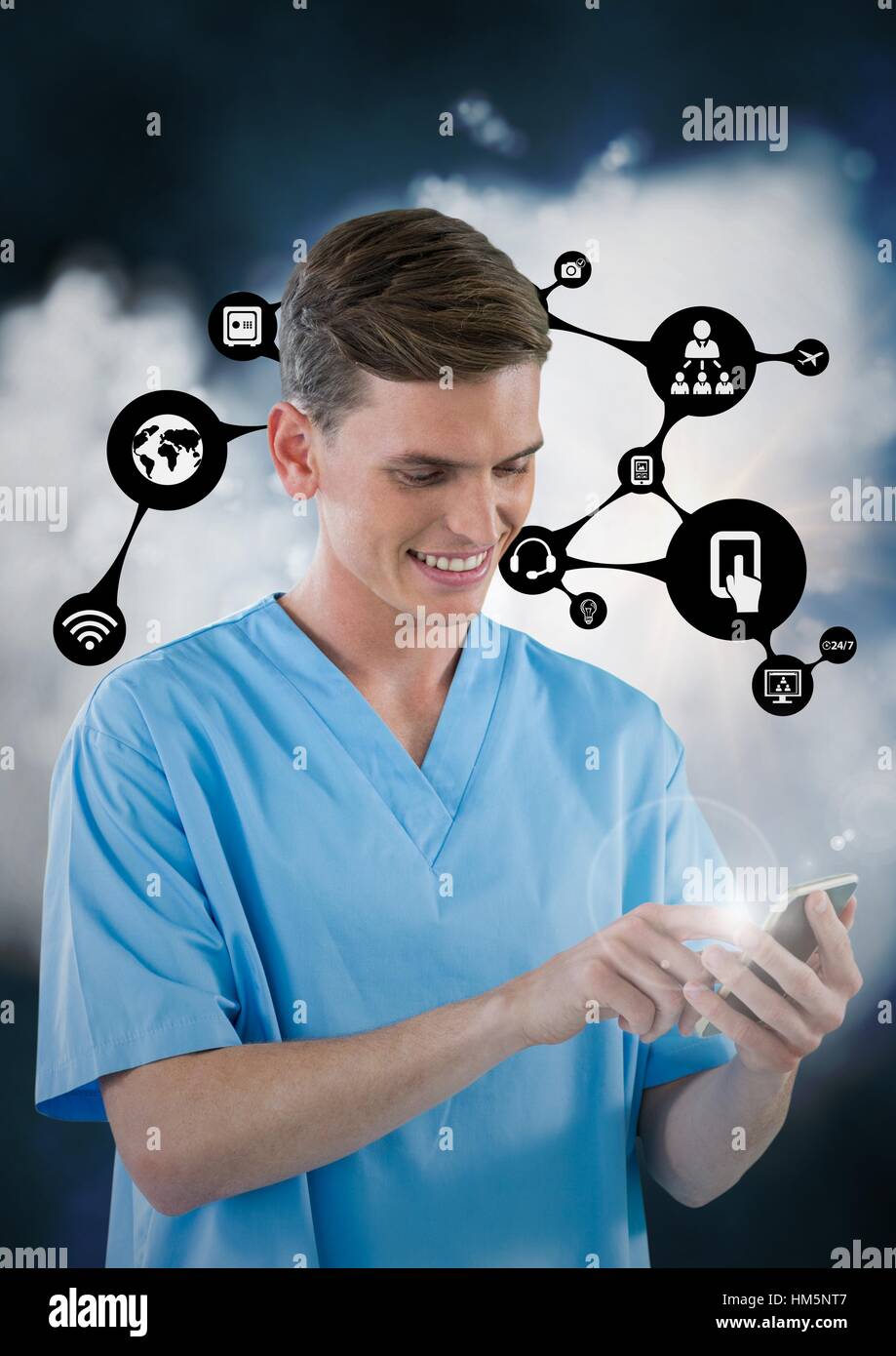 Doctor using mobile phone with application icon Stock Photo - Alamy
