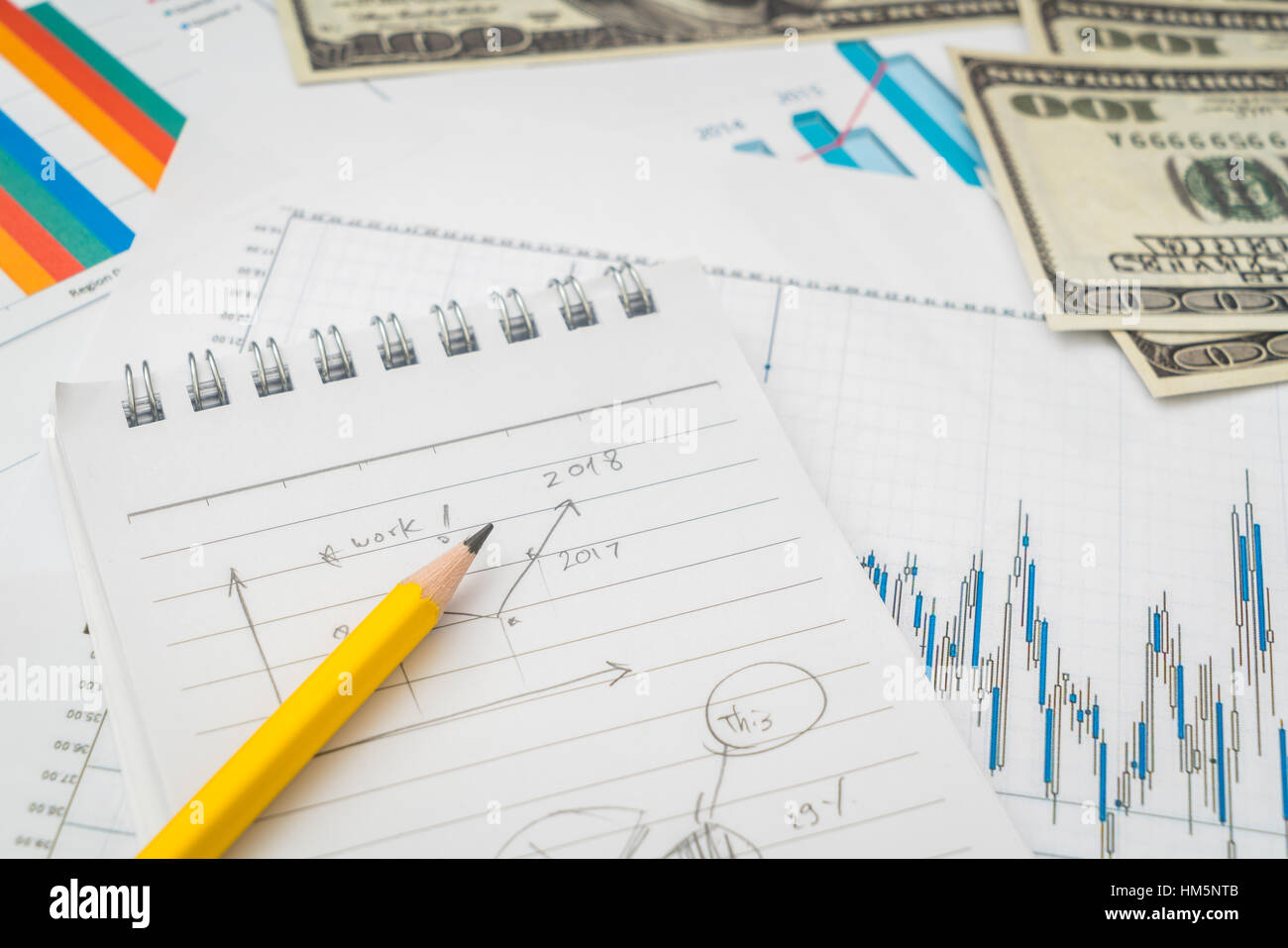 Financial charts on the table with dollars banknotes Stock Photo - Alamy