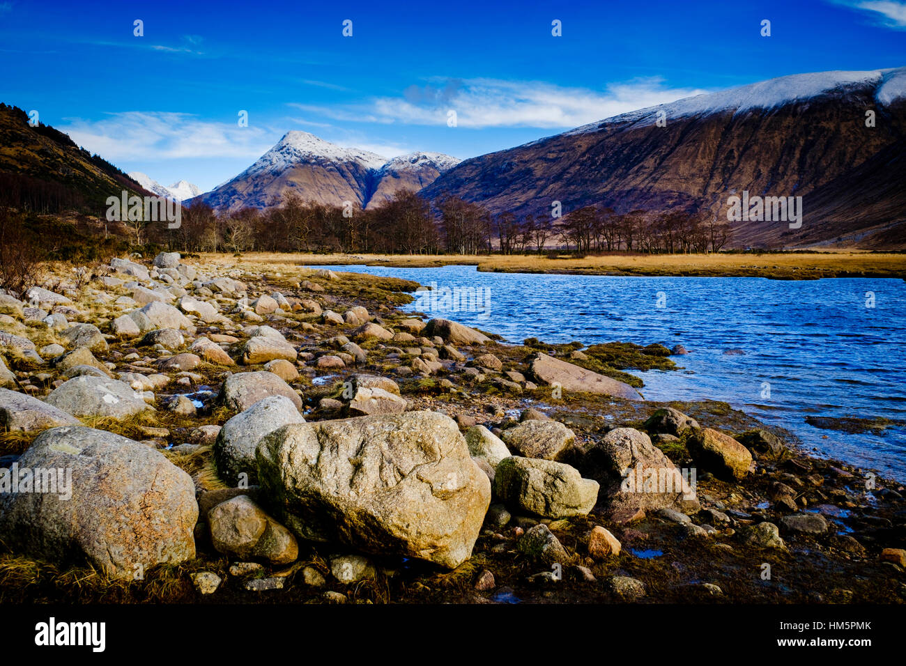 The River Etive in winter looking north from Loch Etive towards Stob ...