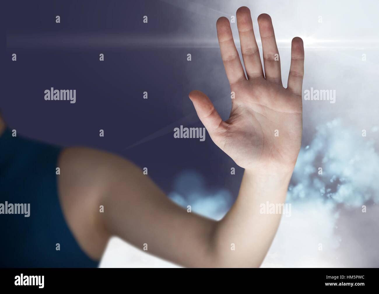 Womans hand interface screen against sky background Stock Photo - Alamy