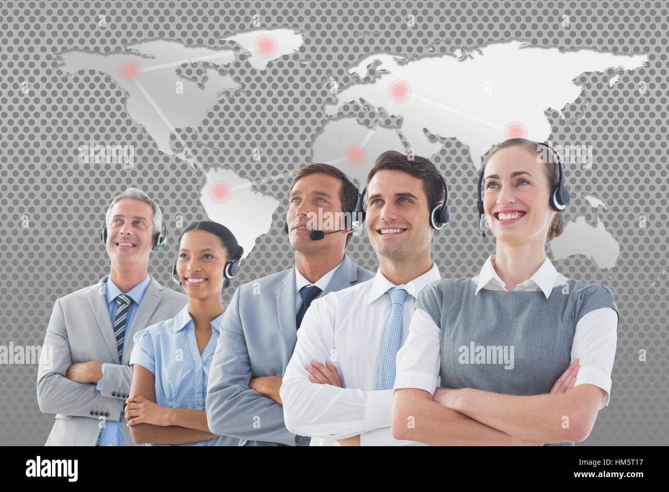 Digital composite of customer service support team against world map ...