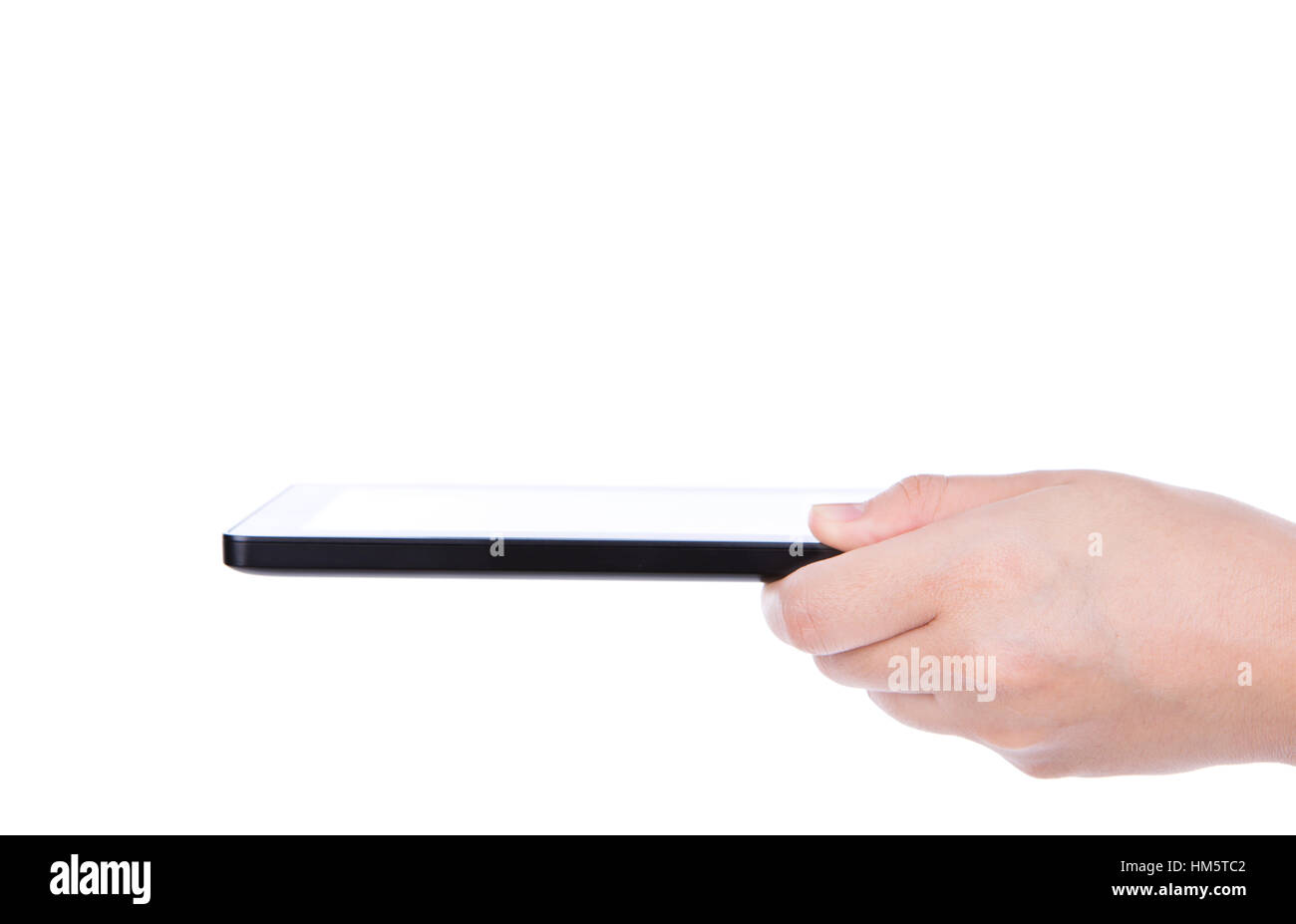 Woman hand using a touch screen device against white background Stock ...