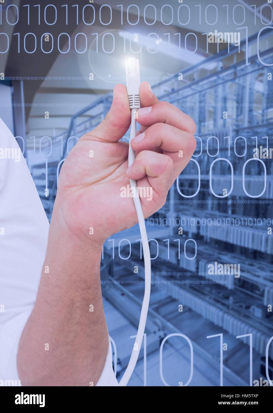 Hand of man holding cable with flare Stock Photo - Alamy