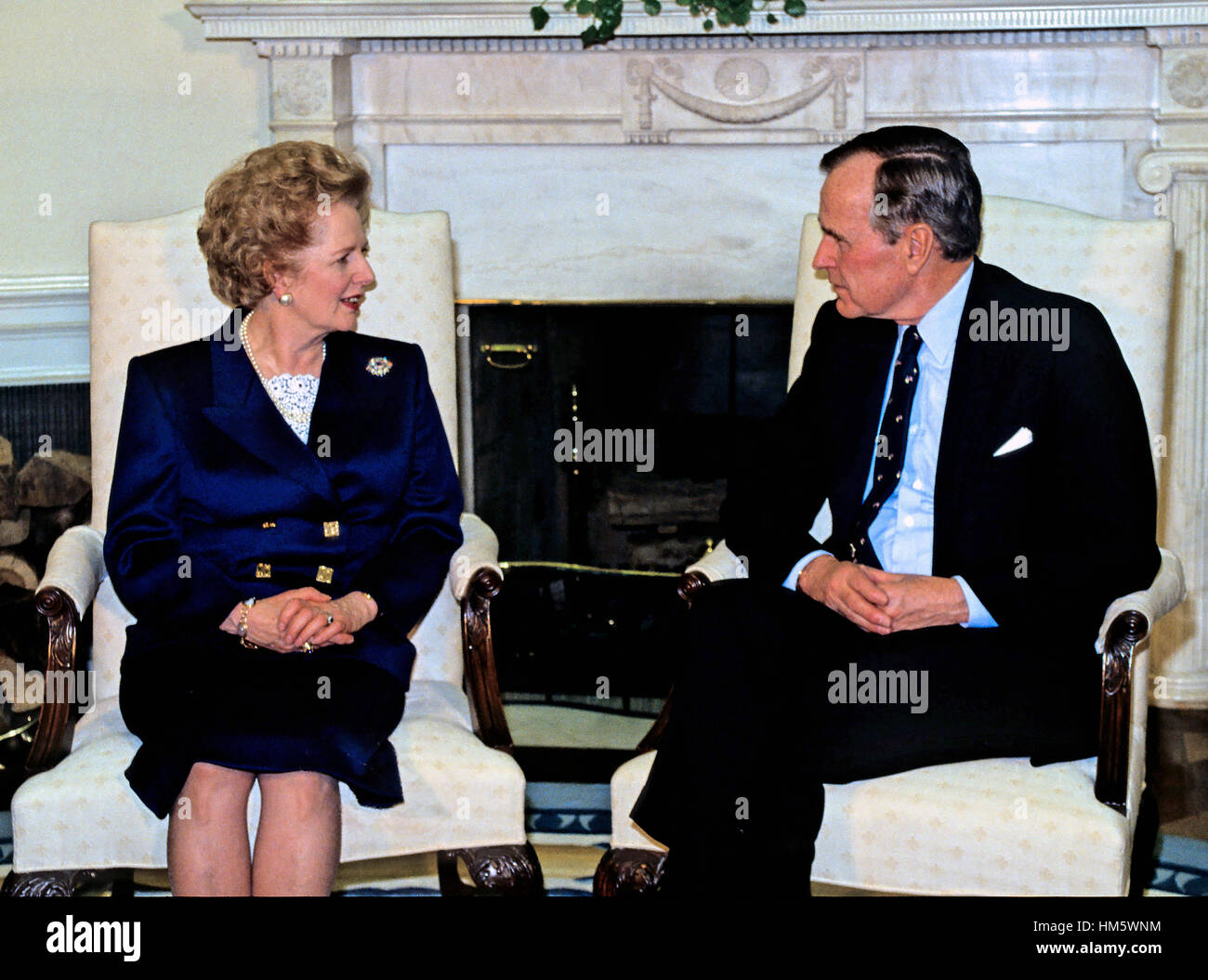 United States President George H.W. Bush, right, meets former Prime ...