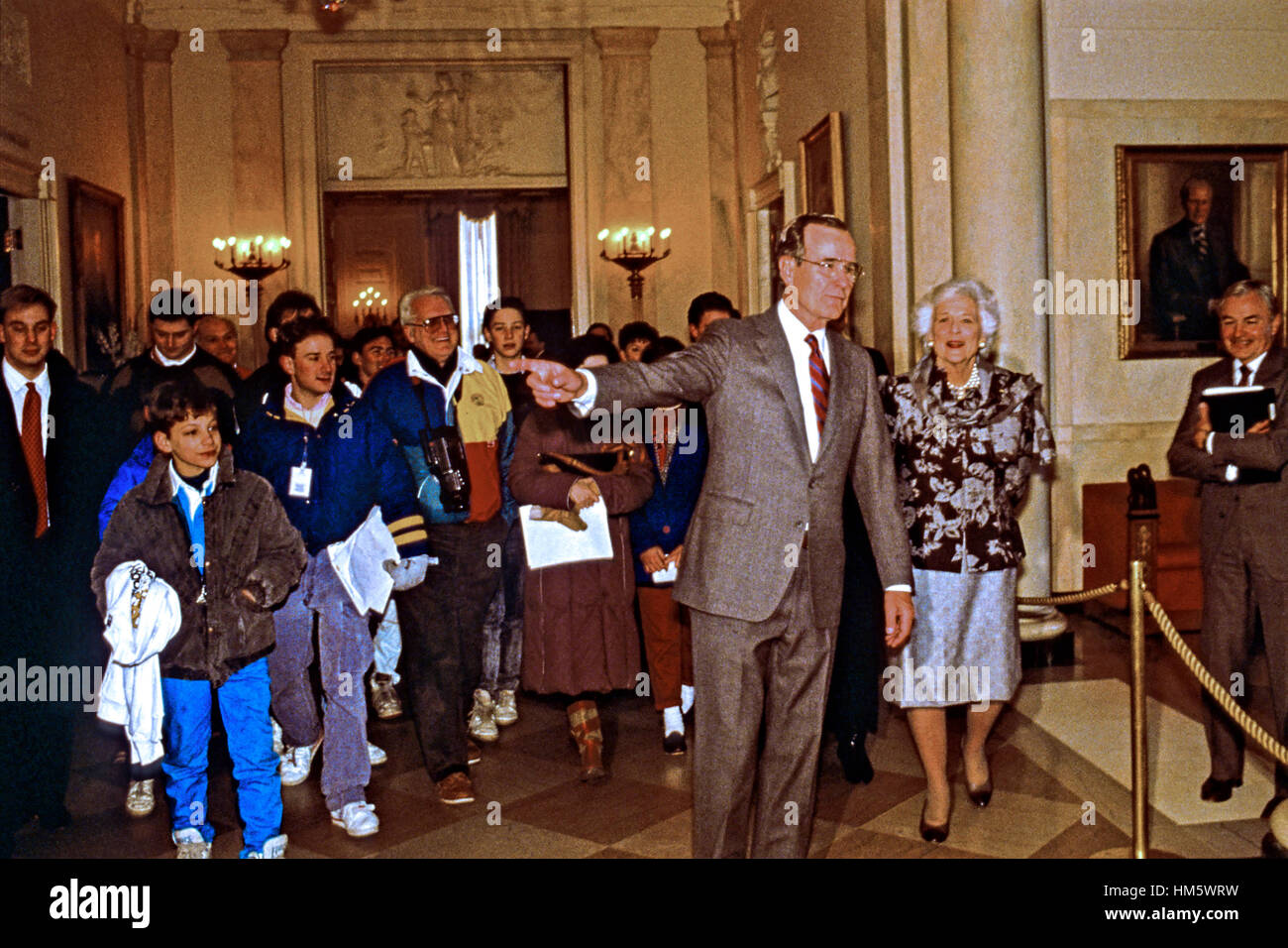 United States President George H.W. Bush conducts a visitors tour in ...