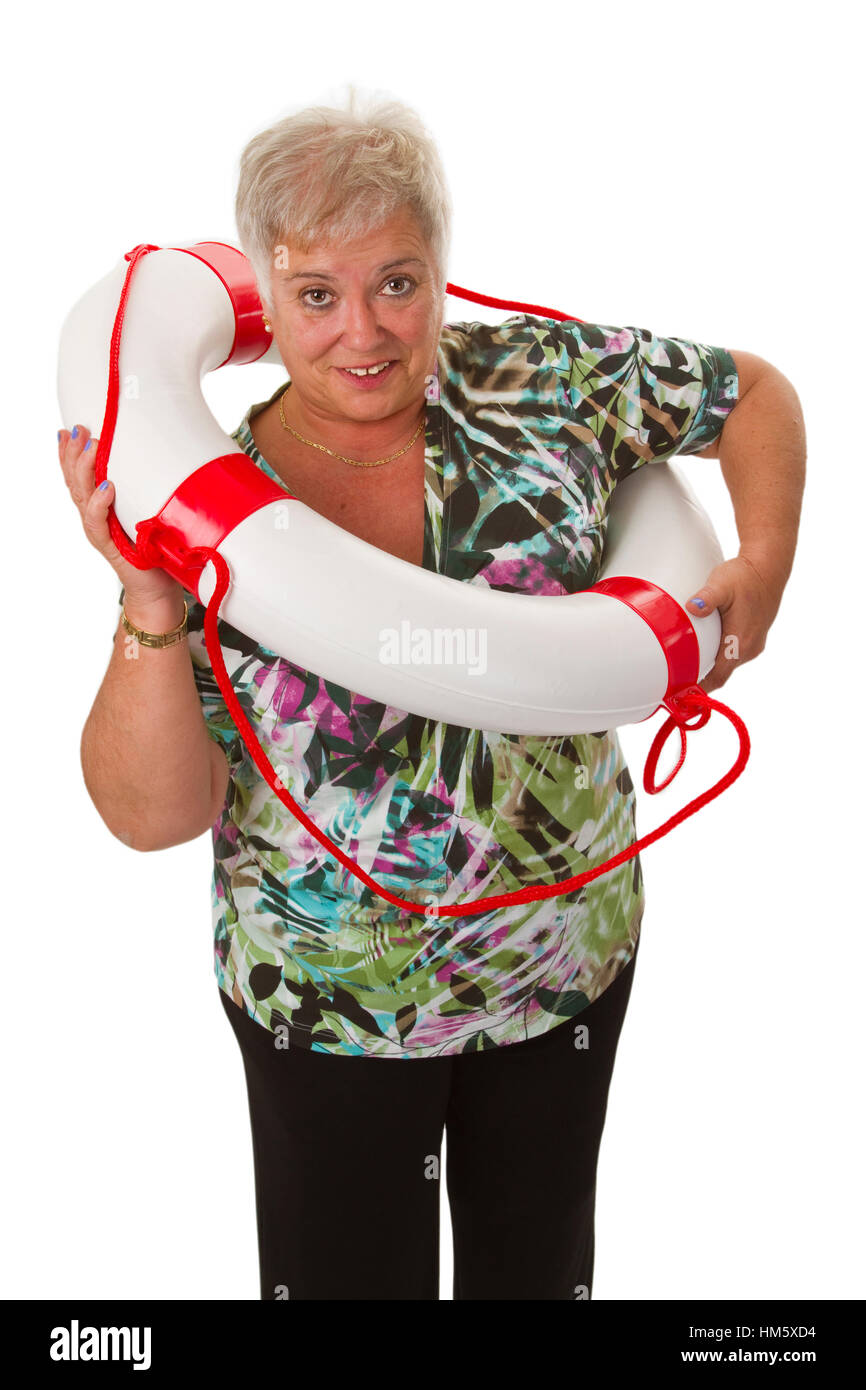 Female senior with life belt isolated on white background Stock Photo ...