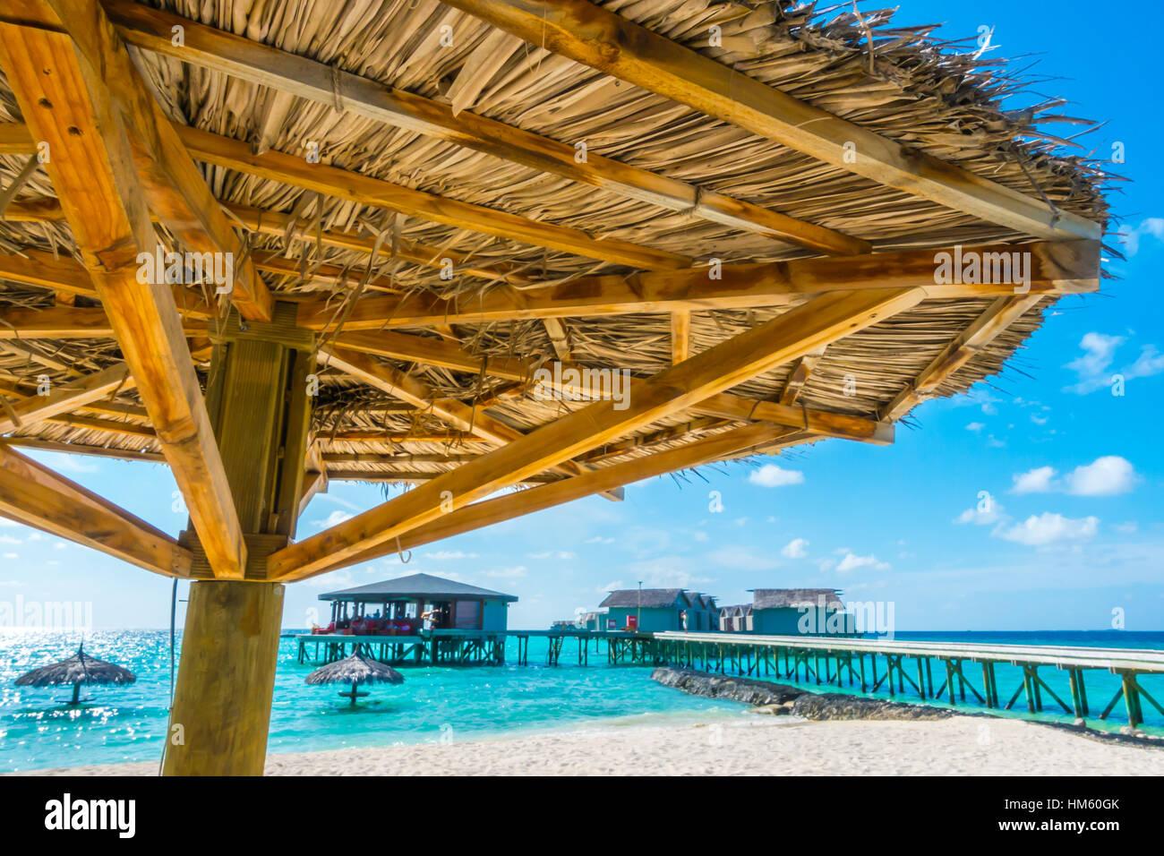 Wooden hut in Maldives island with white sandy beach and sea Stock ...