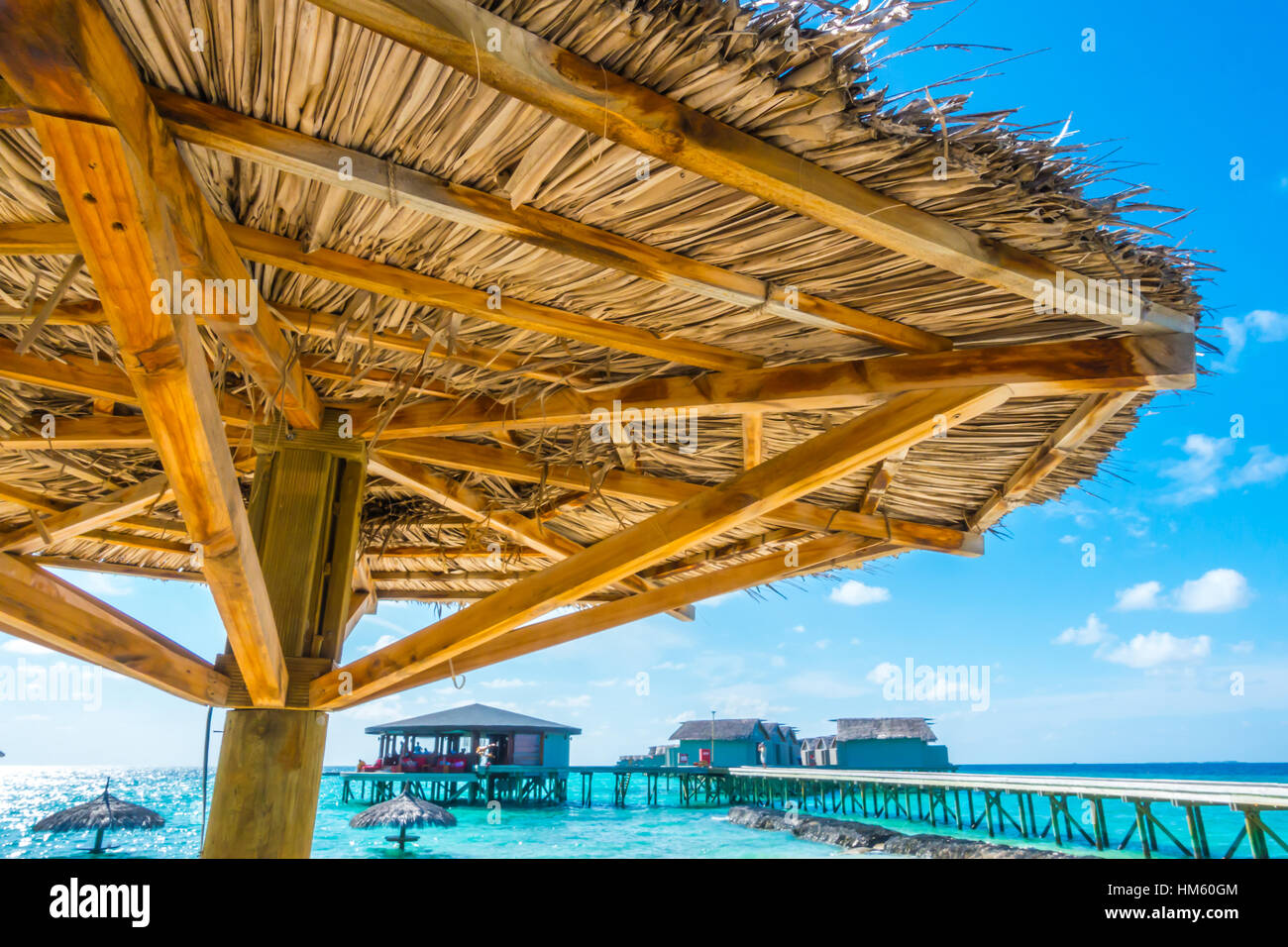 Wooden hut in Maldives island with white sandy beach and sea Stock ...