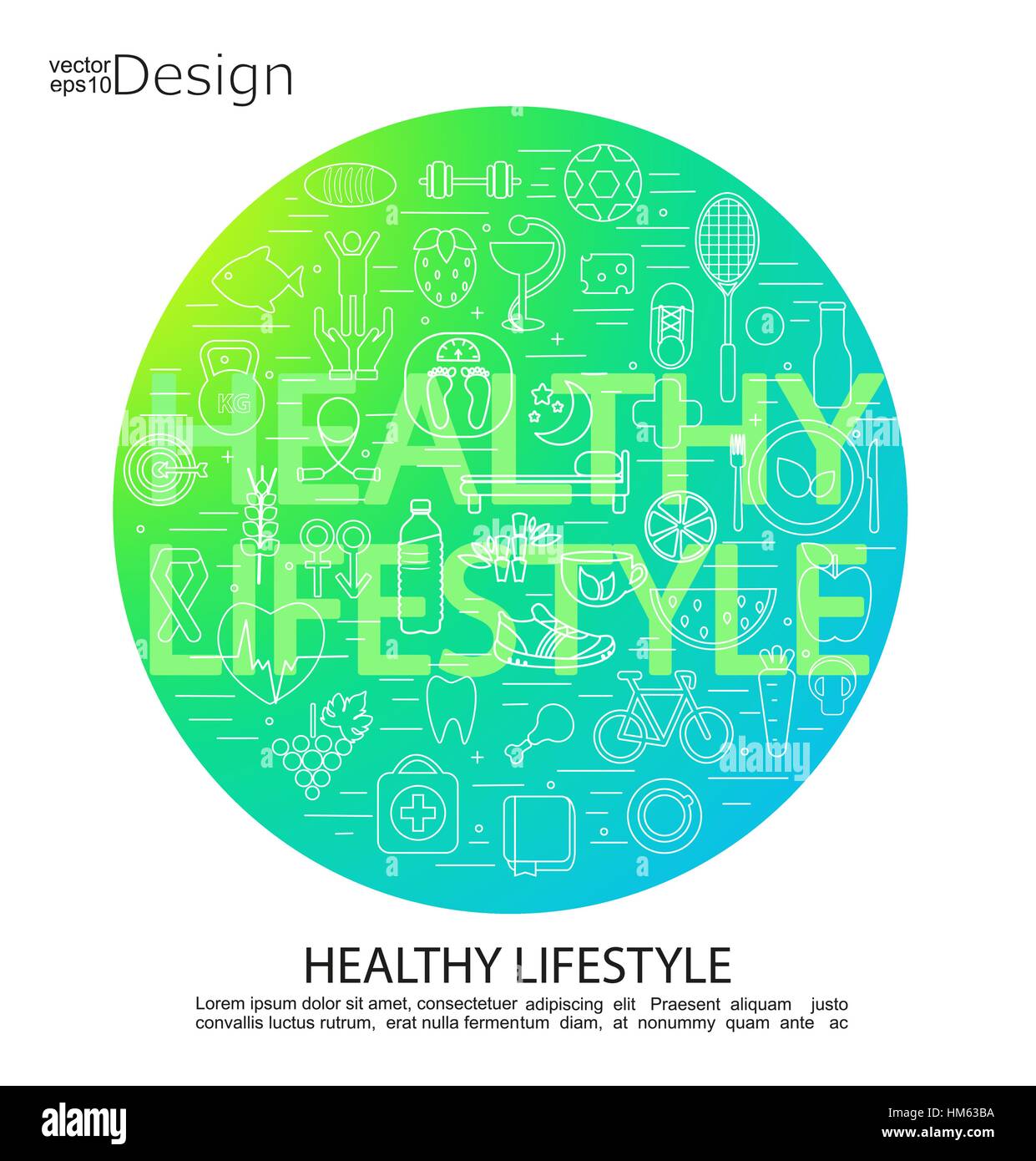 Smooth color gradient circle frame with food, sport, medical linear ...