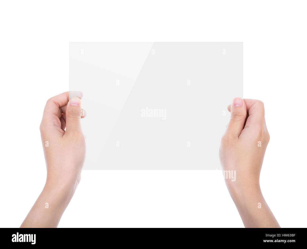 Beautiful woman hand holding transparent white device isolated on white ...