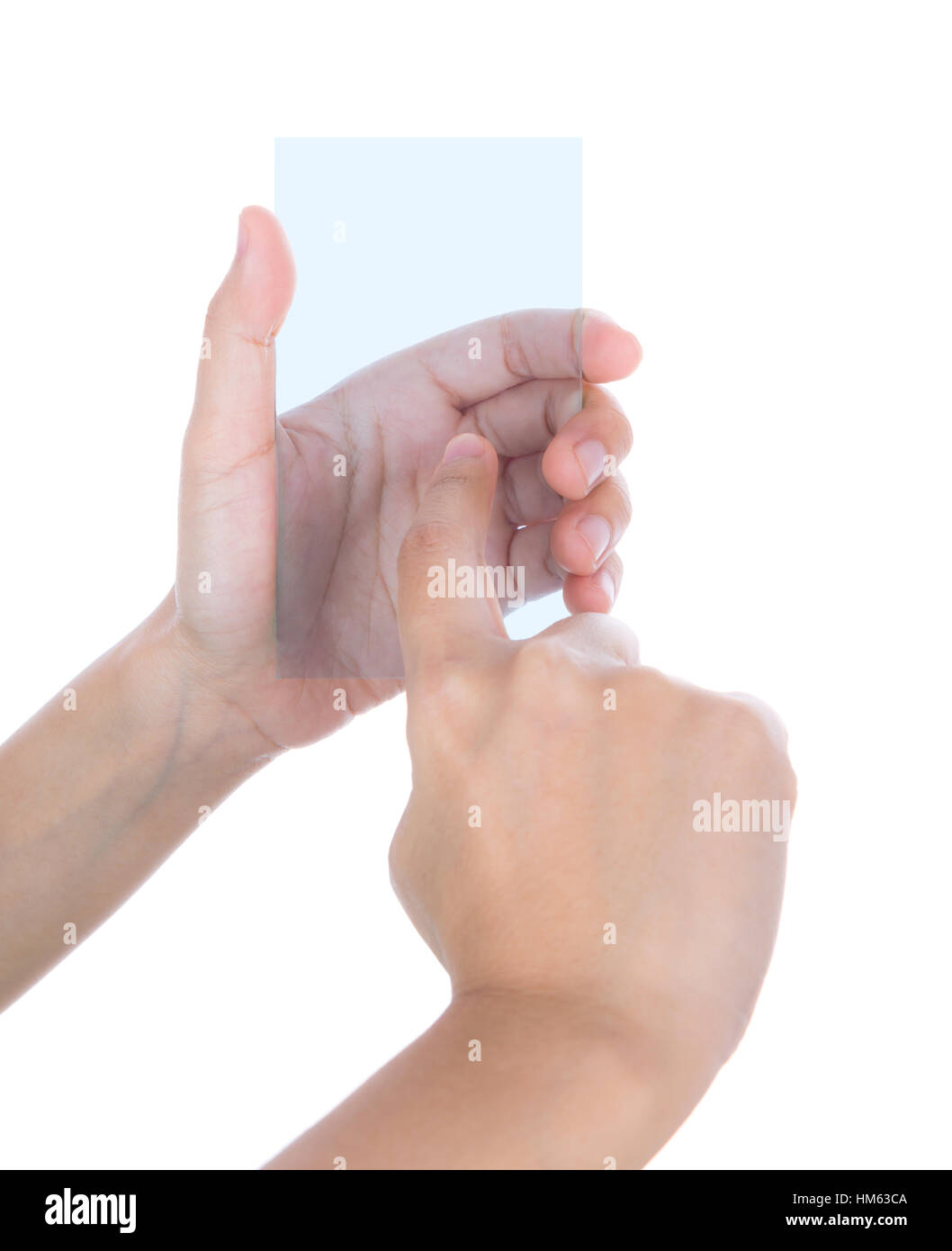 Beautiful woman hand holding transparent white device isolated on white ...